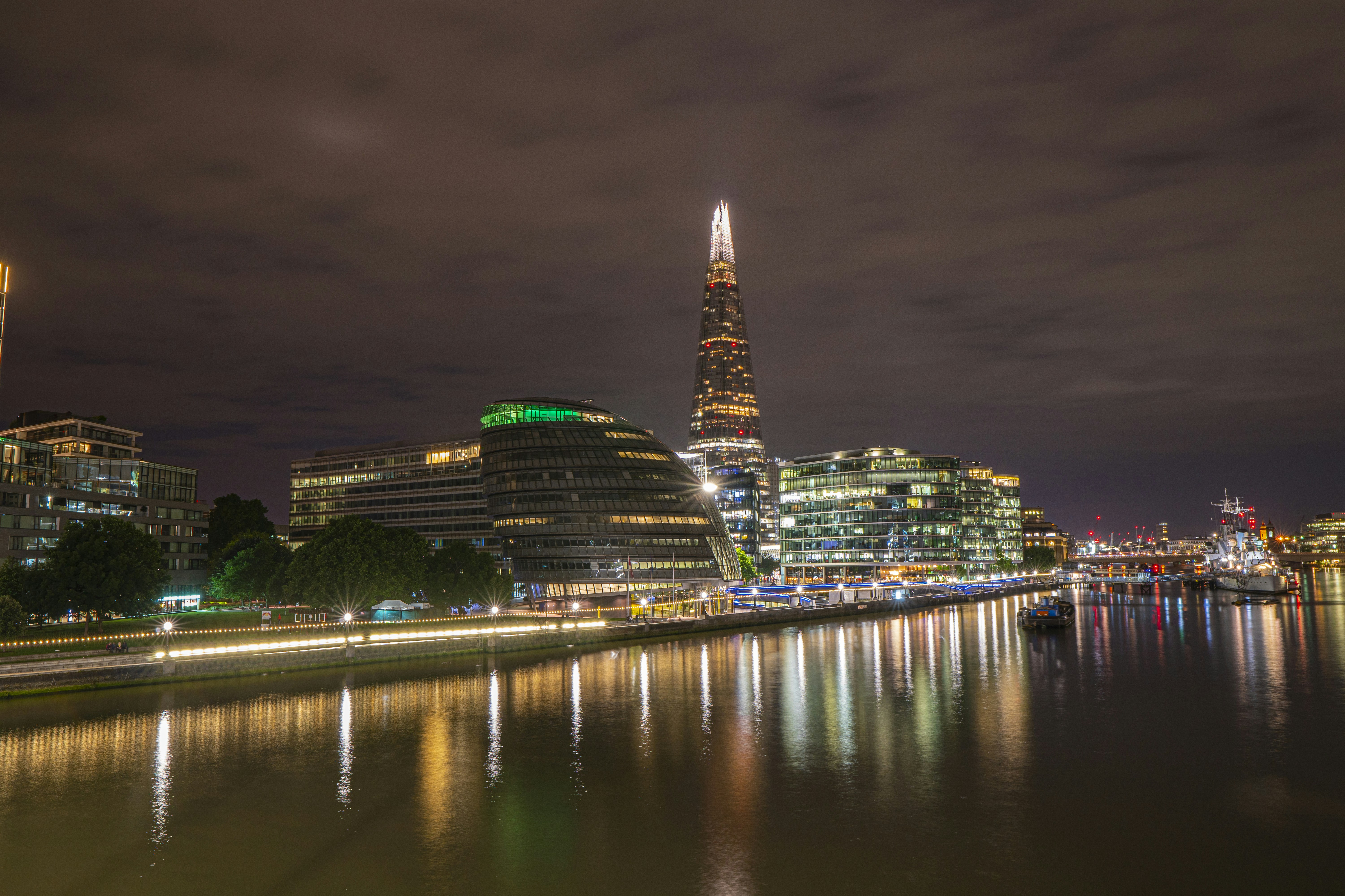 City by the Thames at Night: The Shard and the Waterfront Illumination