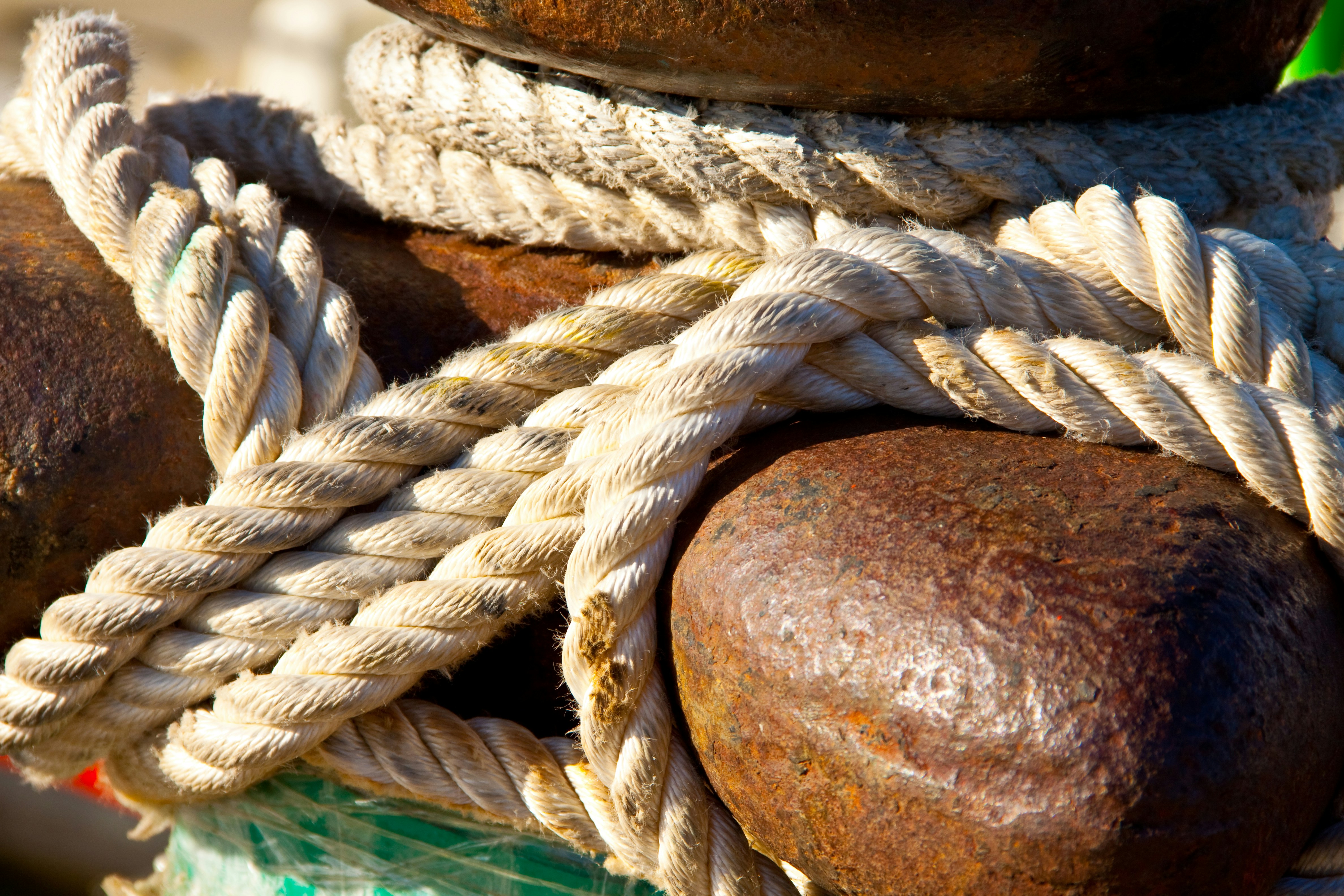Tangled rope on weathered harbor gear