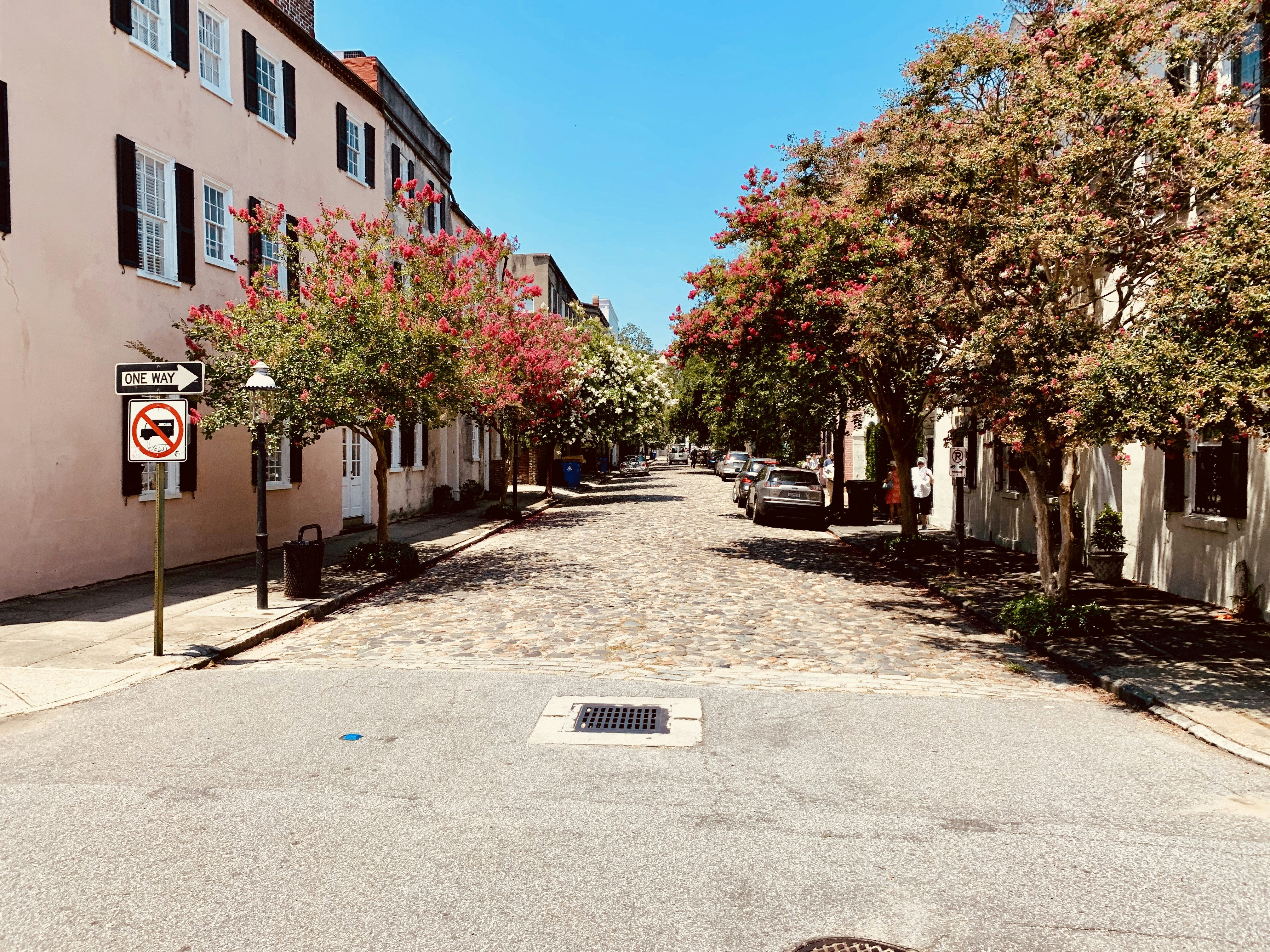 Cobblestone street lined with colorful autumn trees and historic buildings under a clear blue sky.