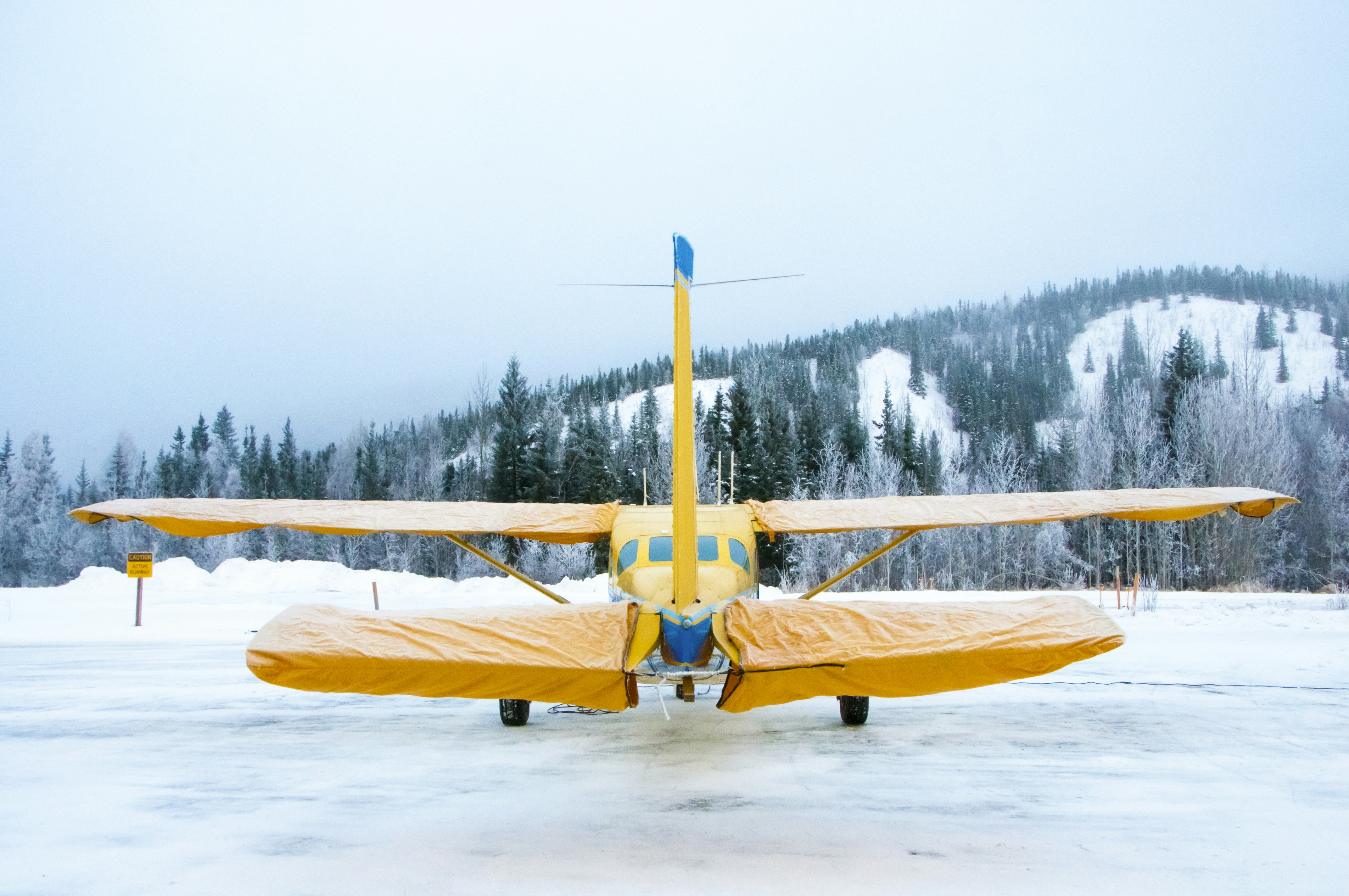 Bright Yellow Floatplane on a Snow-Covered Runway, Pines in the Winter Backdrop
