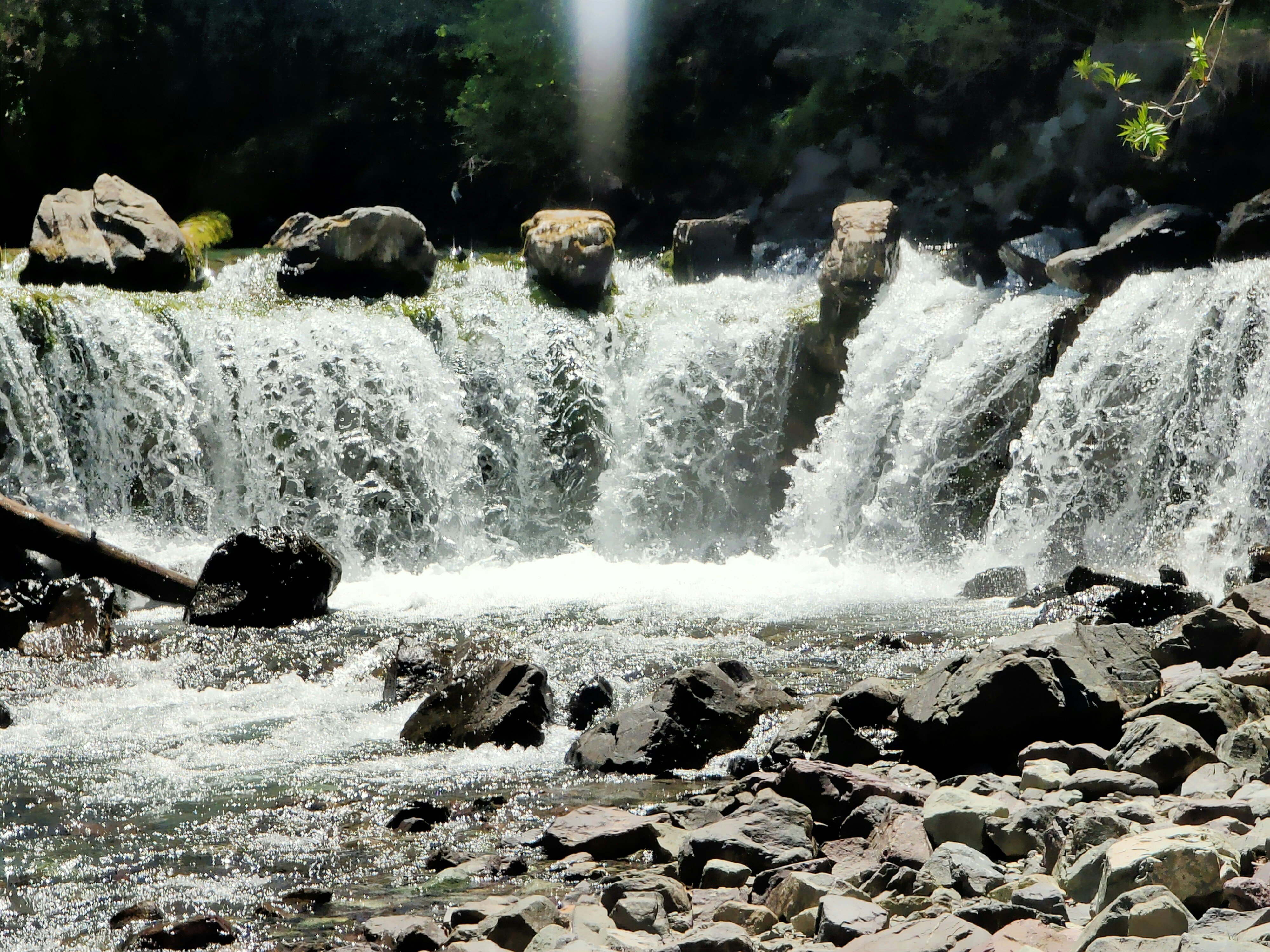 Waterfall cascading over rocks amidst lush greenery under bright sunlight.