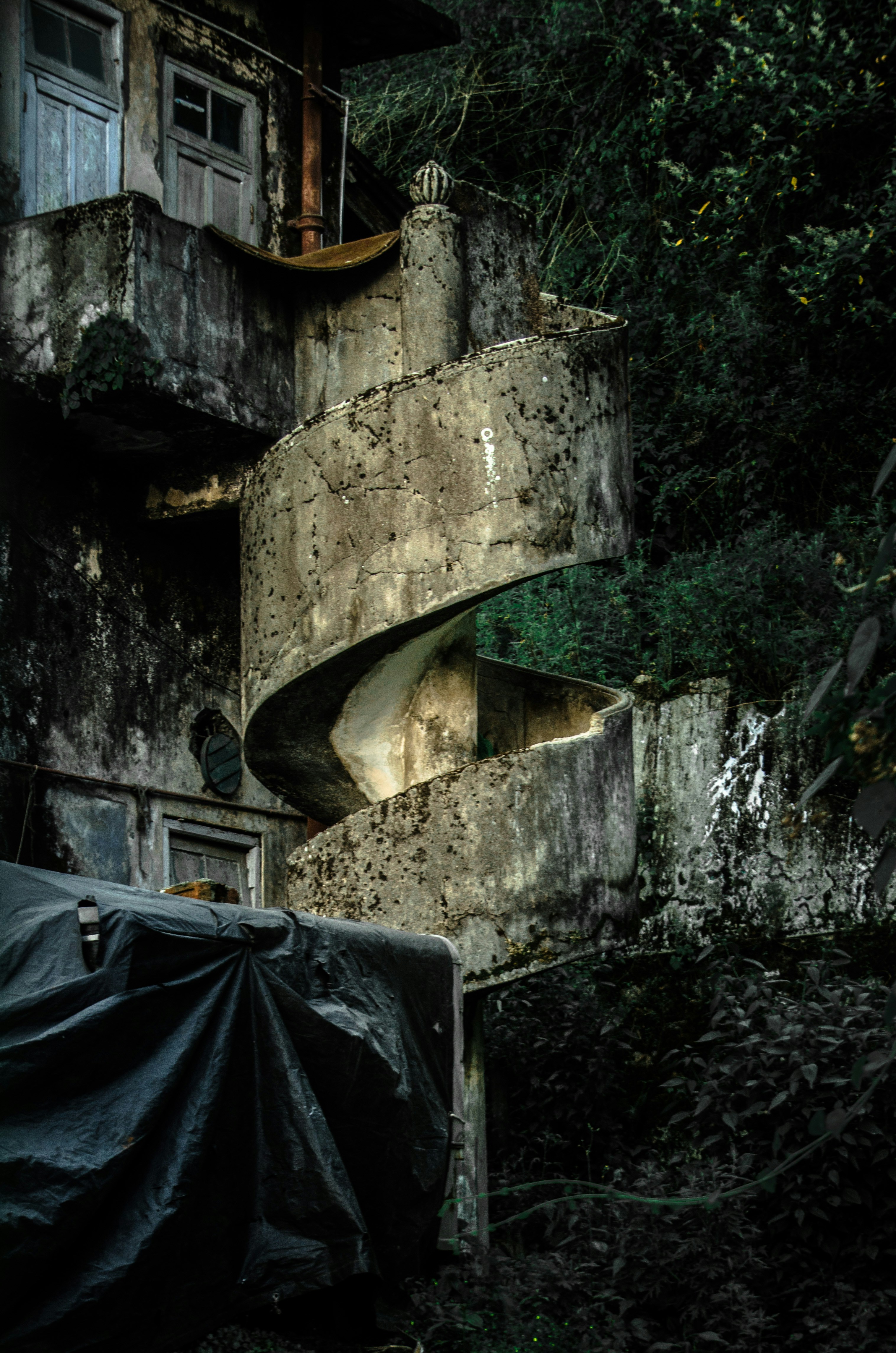 Spiral of Decay: A Weathered Concrete Ramp Woven with Greenery