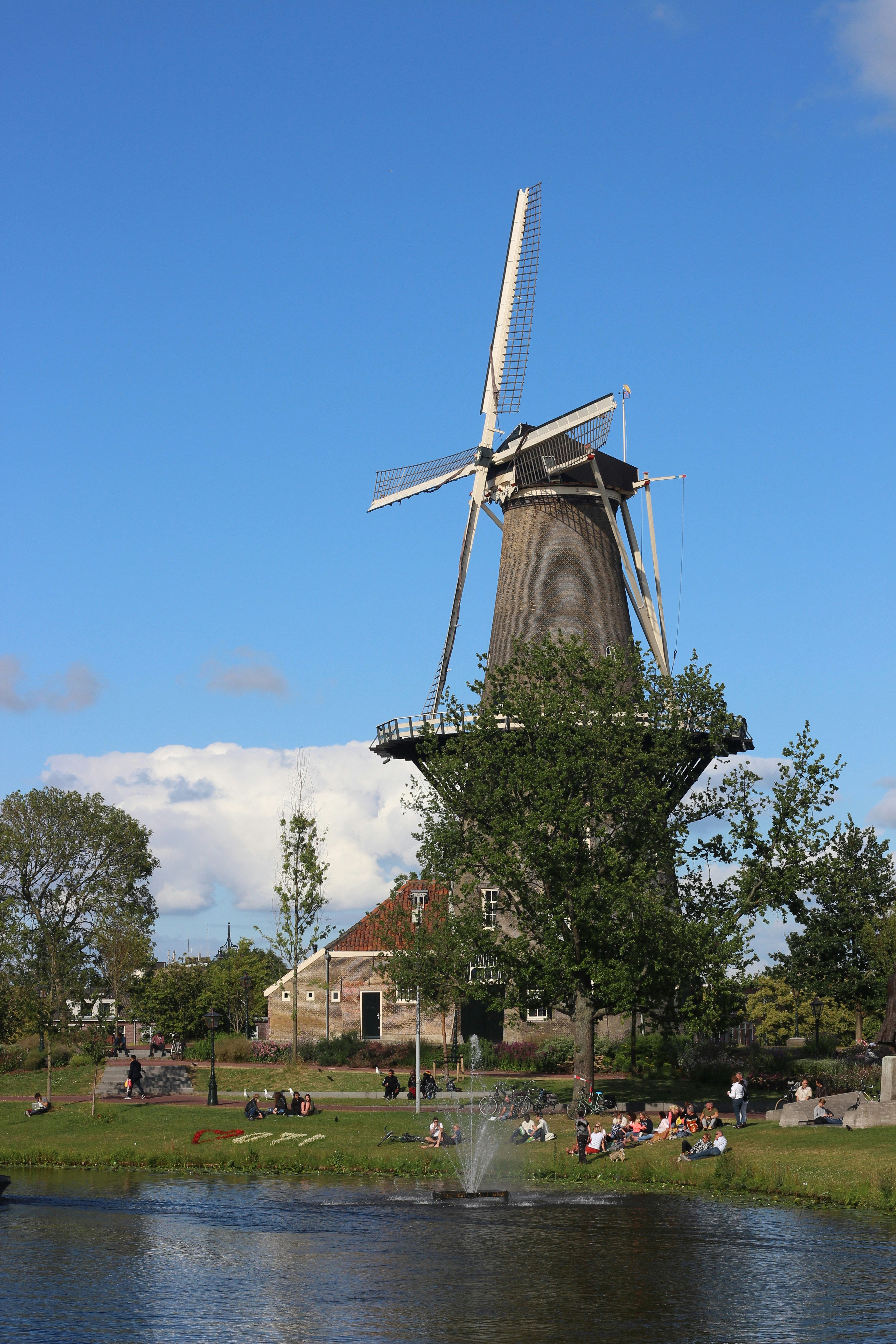 Historic windmill towering over a tranquil pond surrounded by greenery and visitors enjoying leisure time.