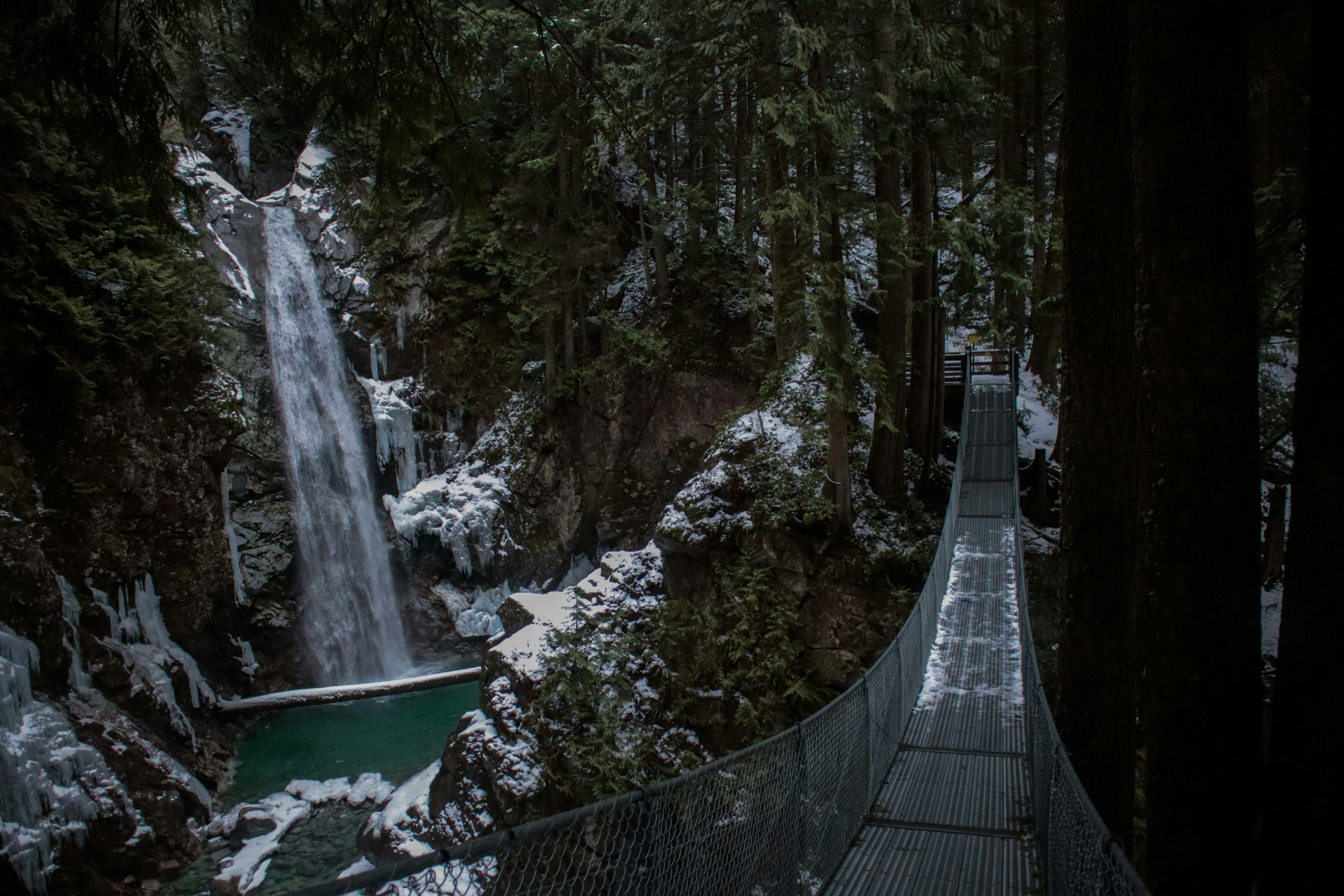 Suspended Crossing Through a Snow-Quiet Gorge