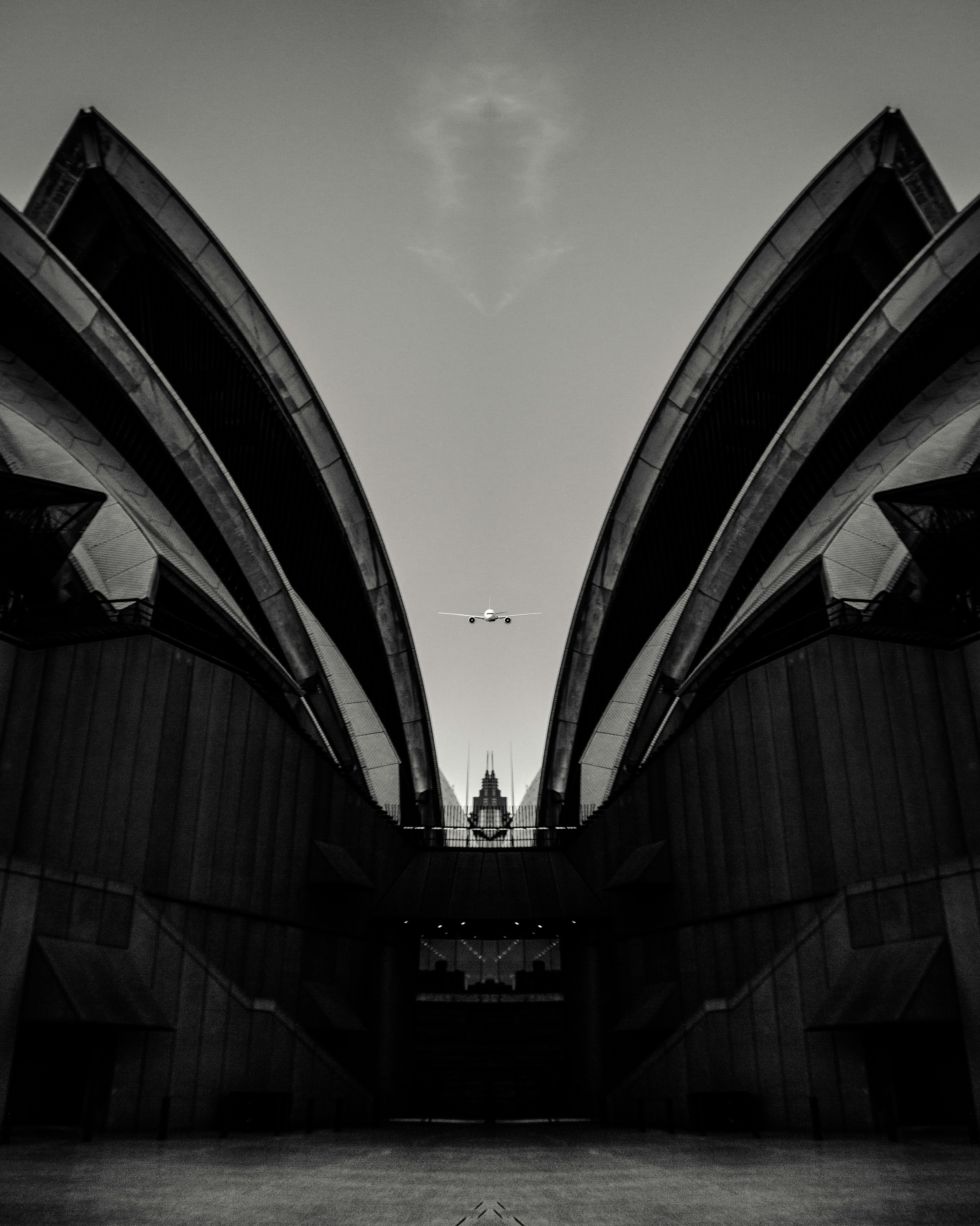 Jet Through the Twin Arches: a monochrome study in symmetry