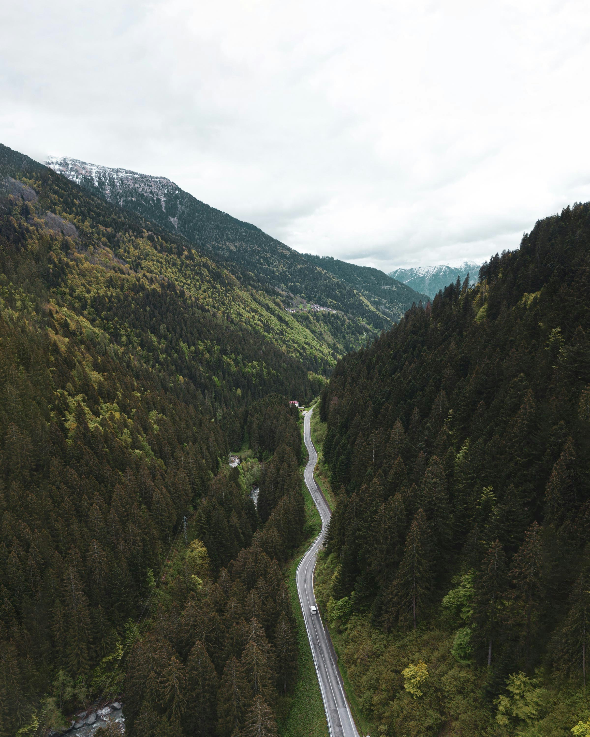 Narrow road cutting through lush, forested valley with distant mountain peaks under overcast skies.