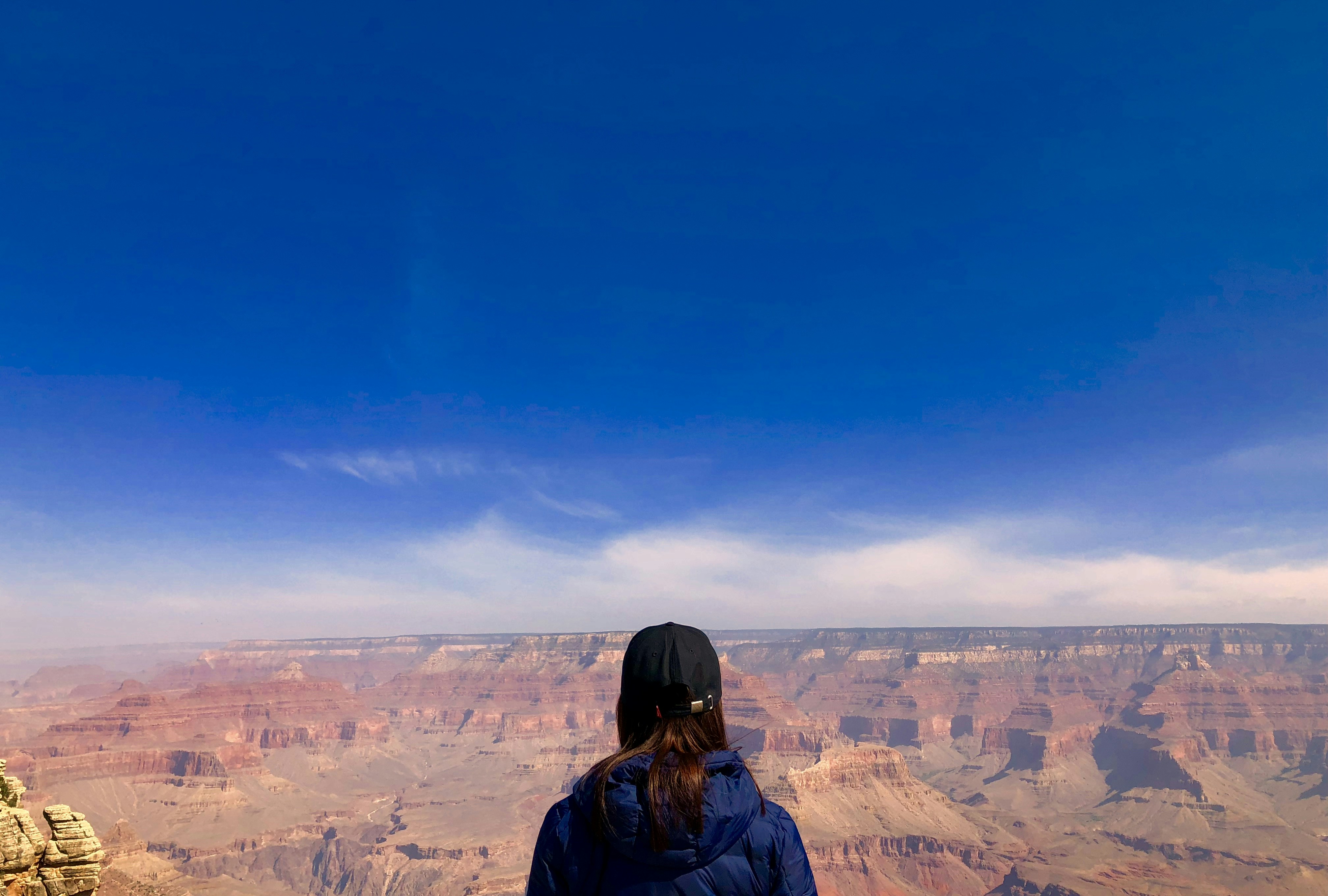 Person gazing at the expansive Grand Canyon under a clear blue sky, capturing a moment of reflection and awe. 