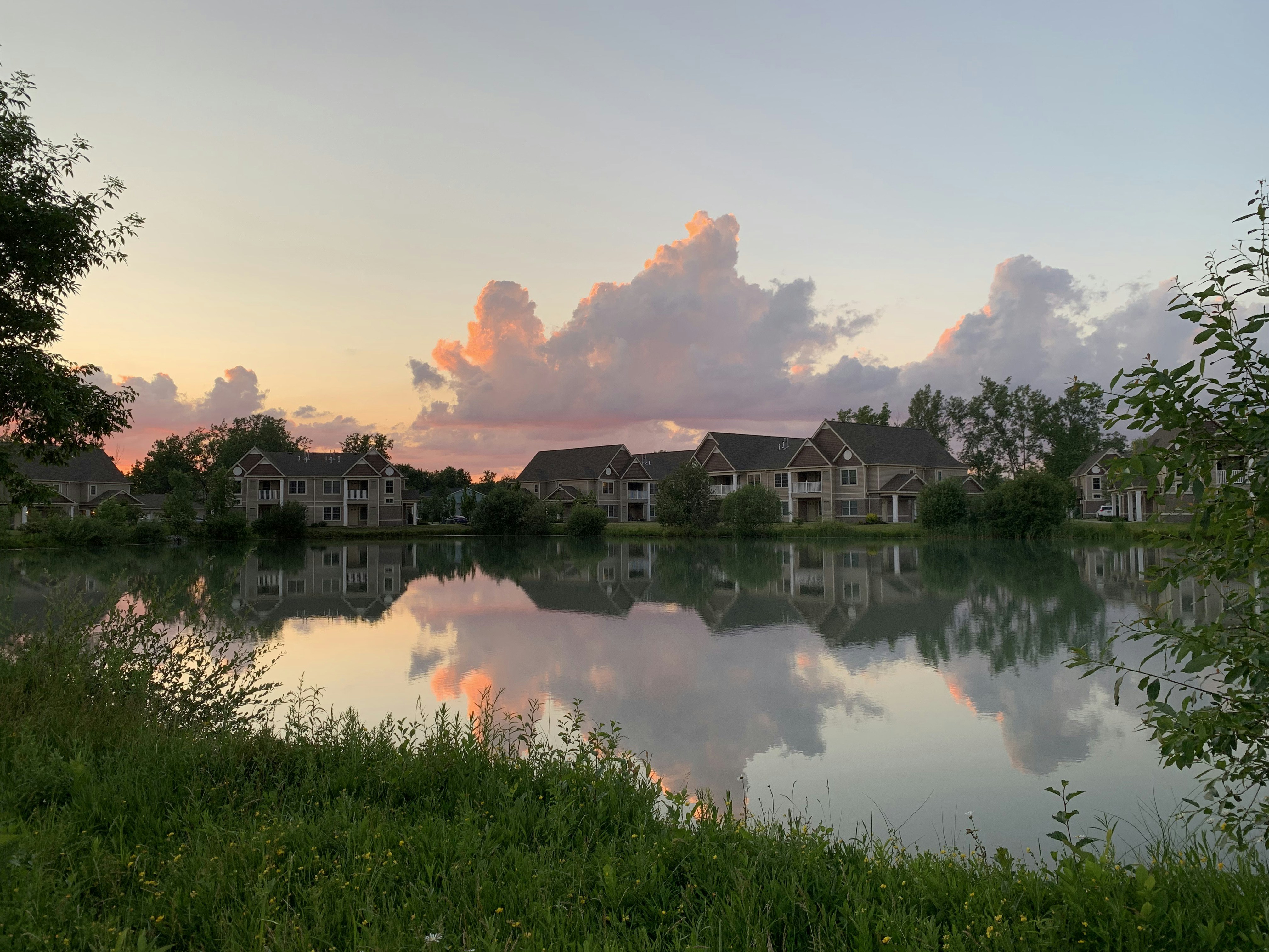 Sunset clouds reflected in a calm lake surrounded by suburban houses and trees.