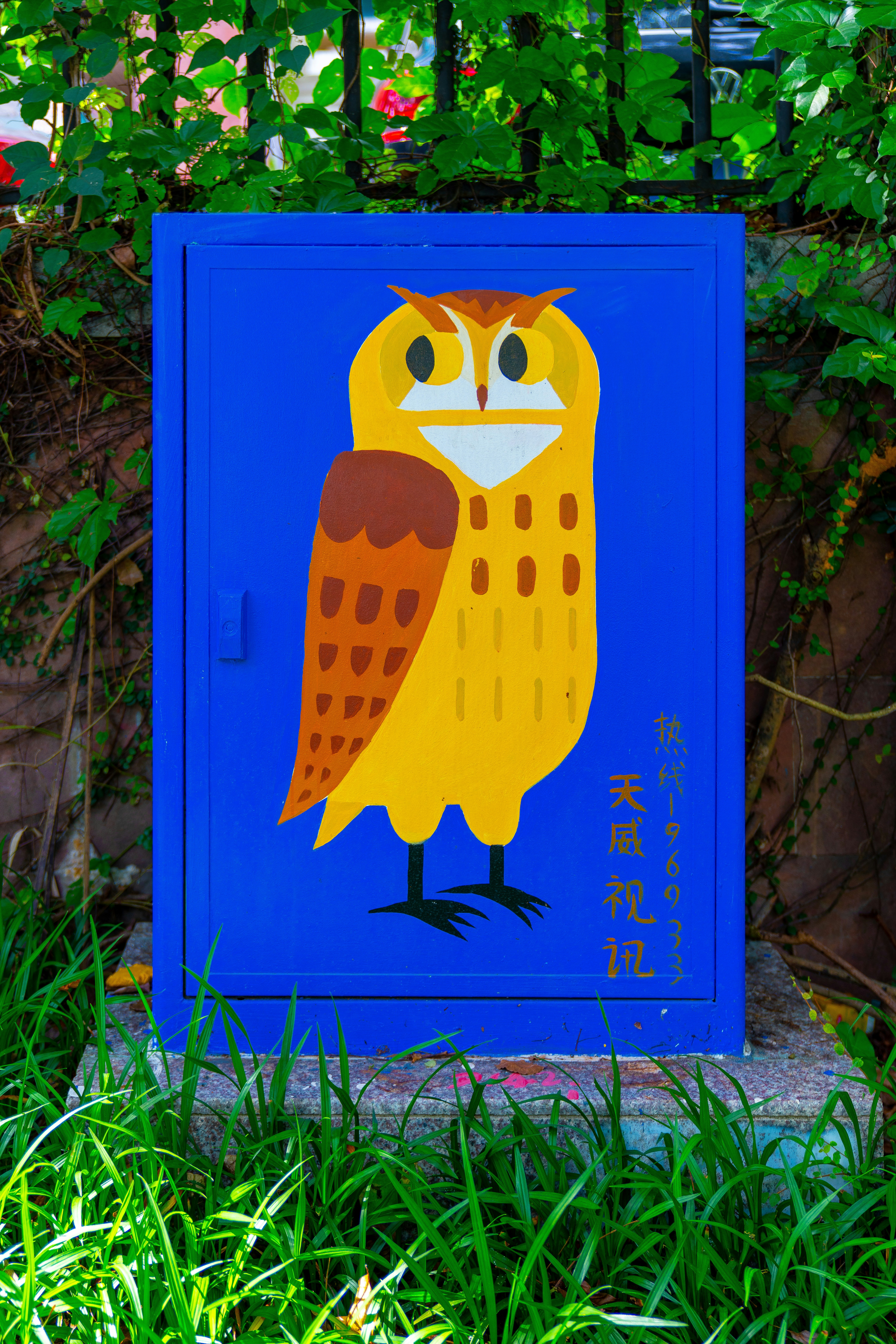 Blue Panel Owl: A Sunny Mural Framed by Ivy