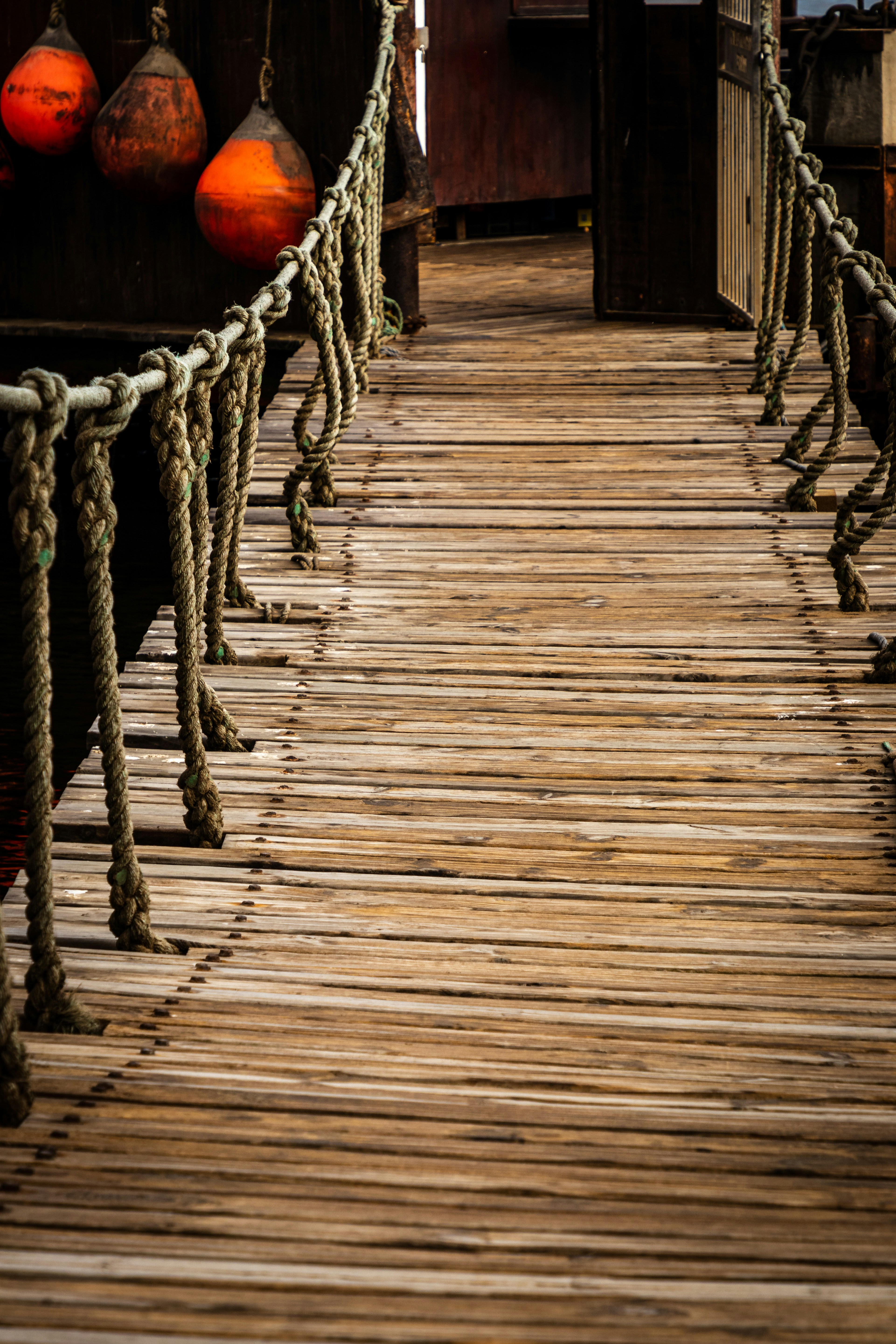 Rope-Guarded Wooden Bridge Leading to Dark Alcove