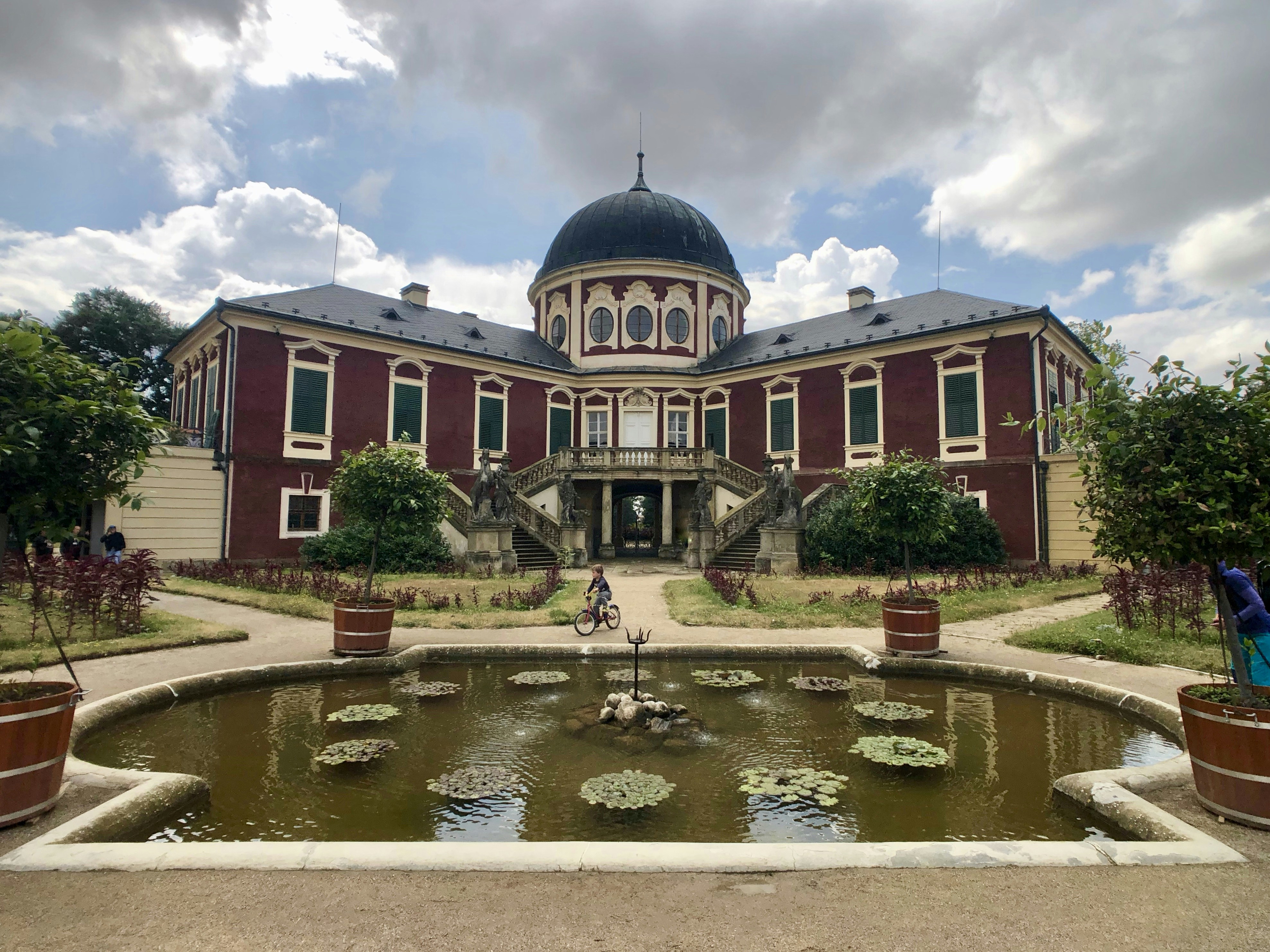 Ornate building with a central dome and symmetrical wings, framed by a pond with lily pads and a vibrant sky.