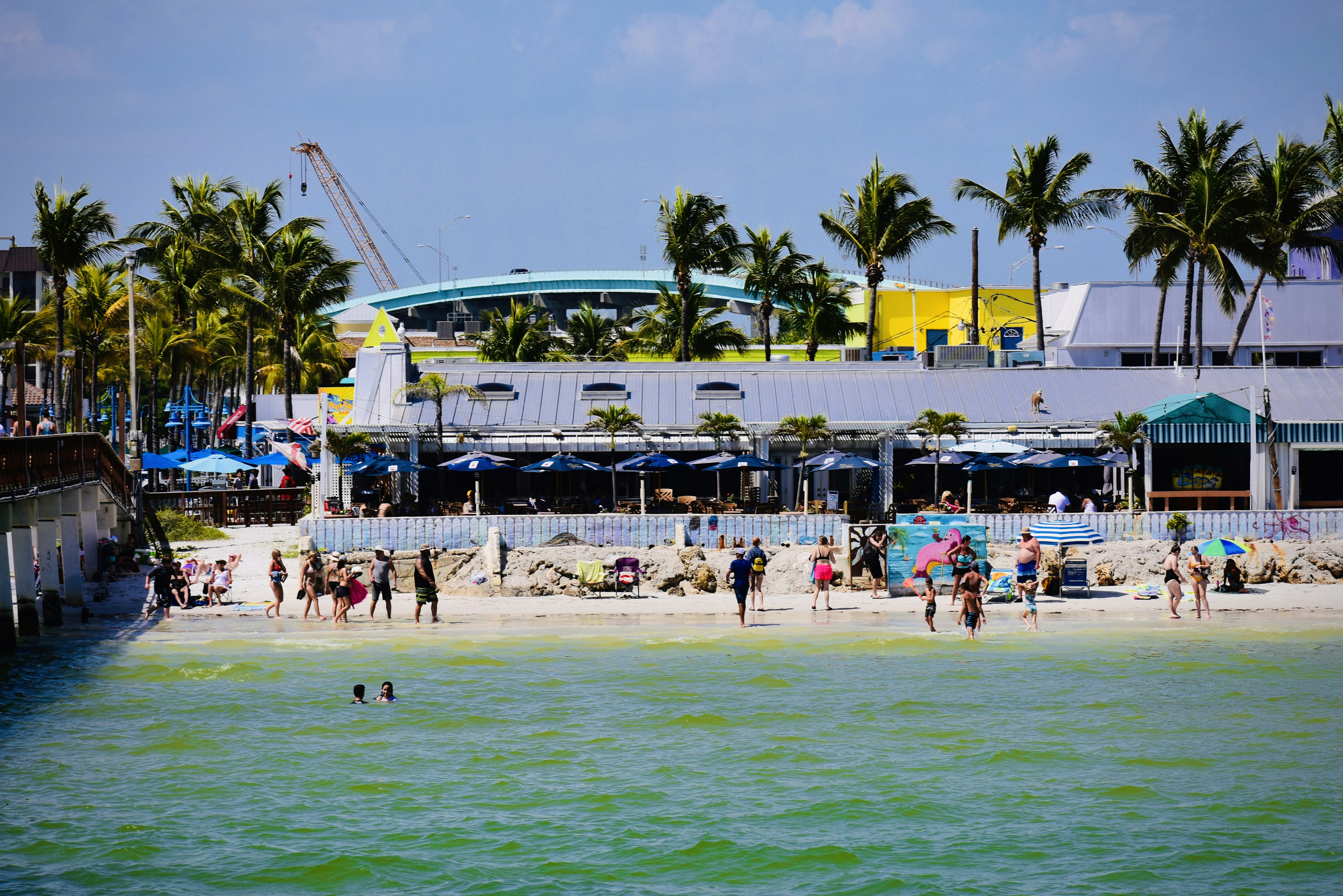 Crowd enjoying a sunny day at a beach with palm trees and colorful beachside establishments in the background.