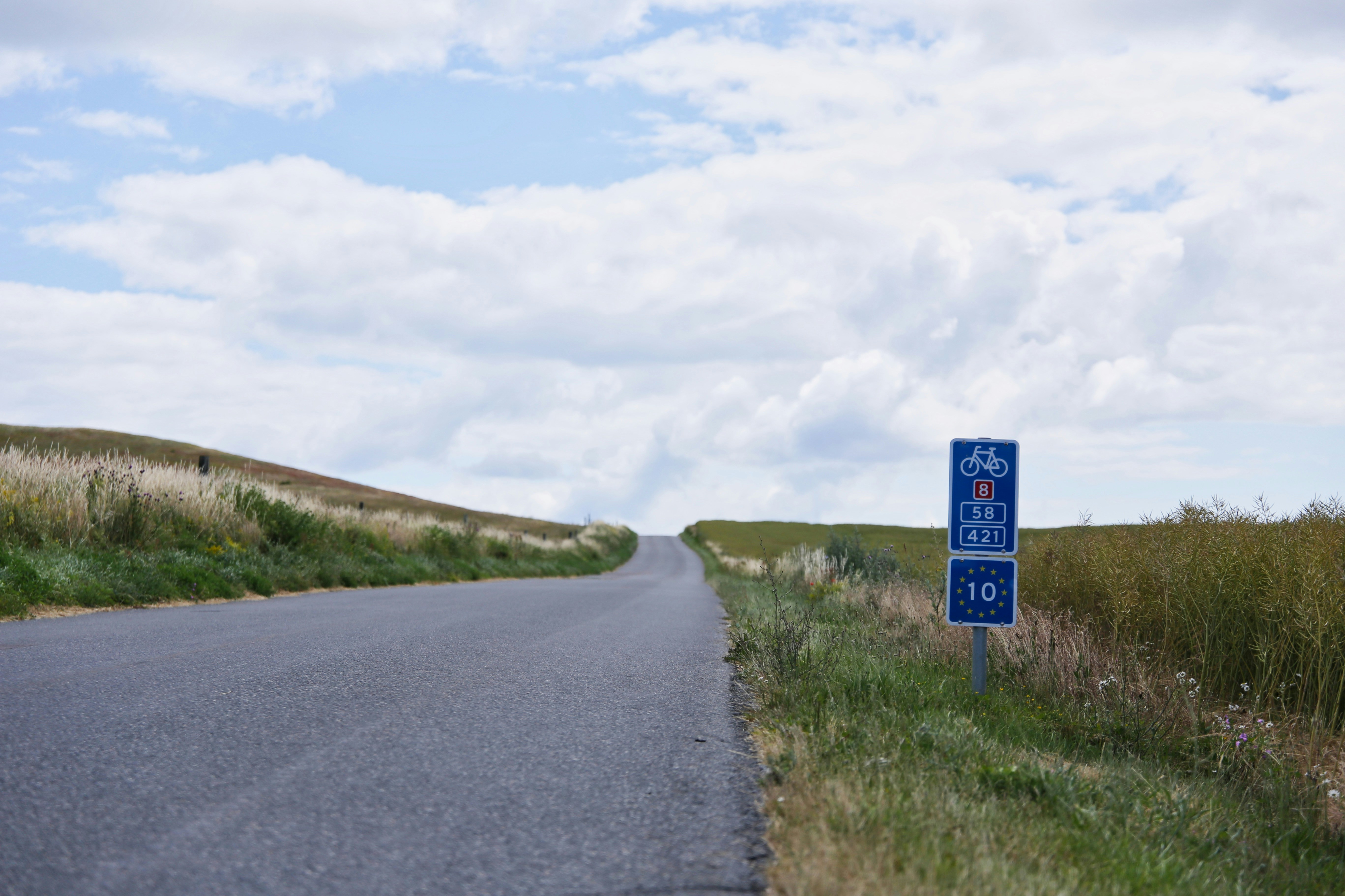 Blue Signpost on a Quiet Rural Road Toward Open Skies