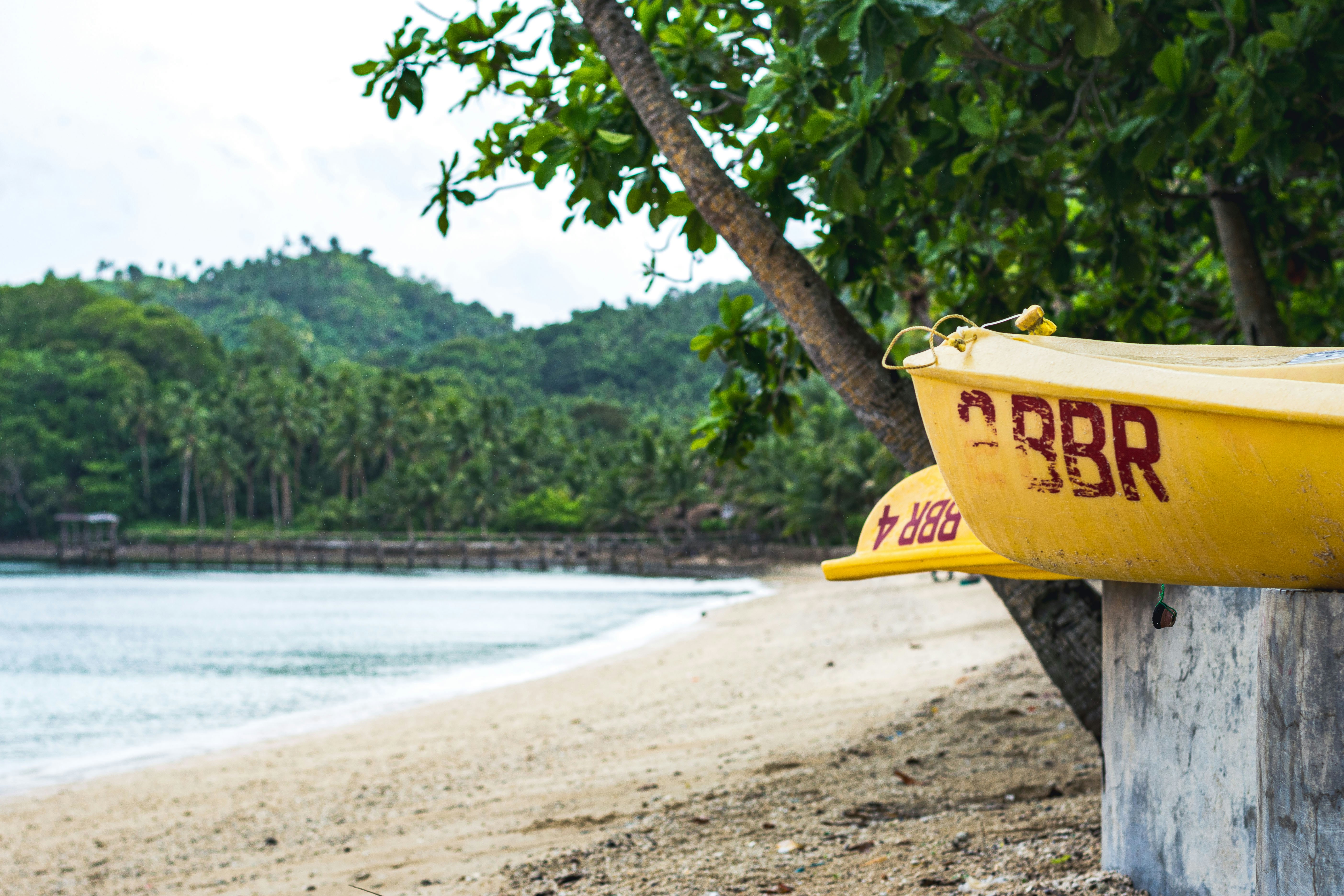 Lifeboat on a sunlit tropical shore