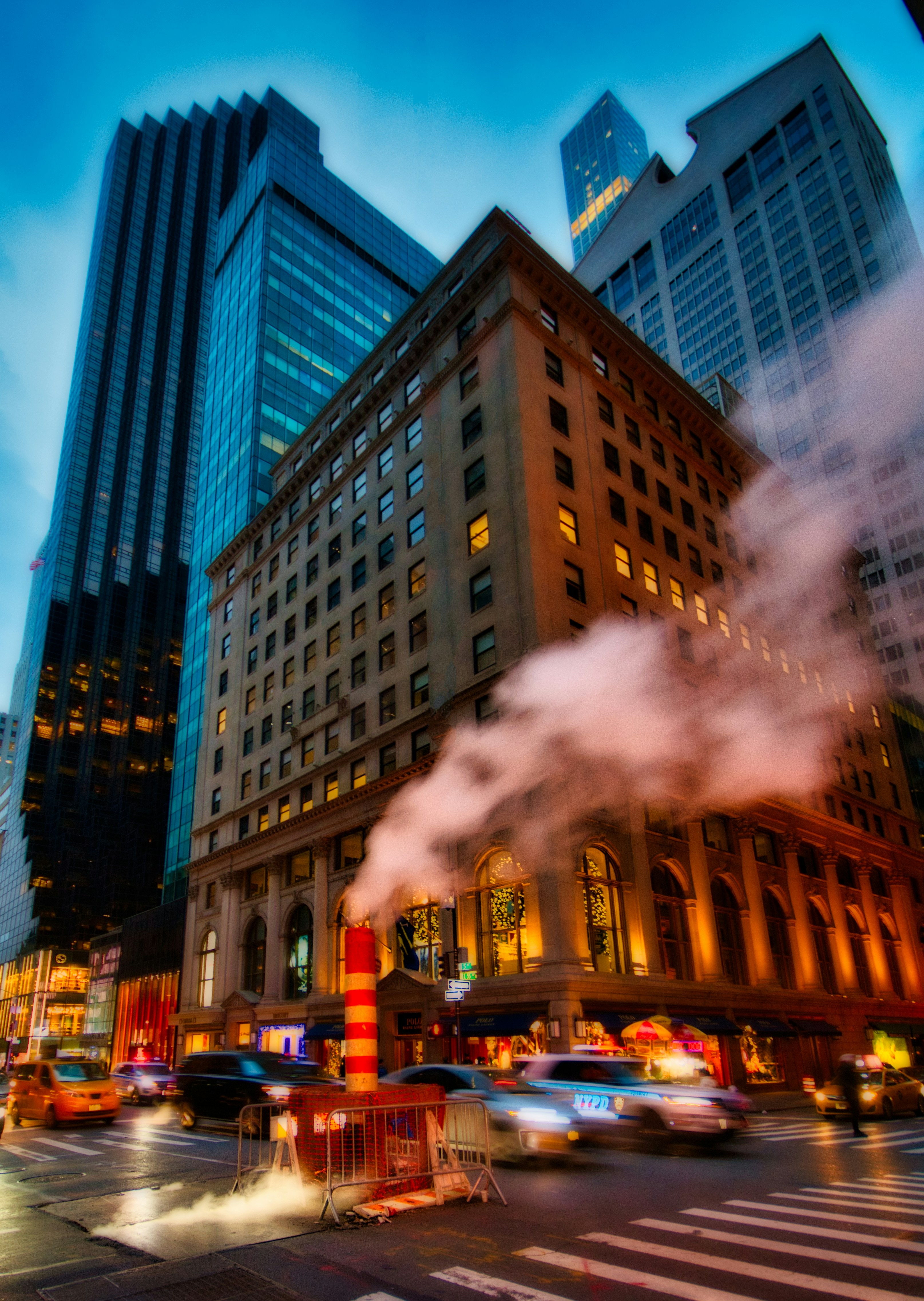 Steam over Brick and Glass: Night Currents on a City Block