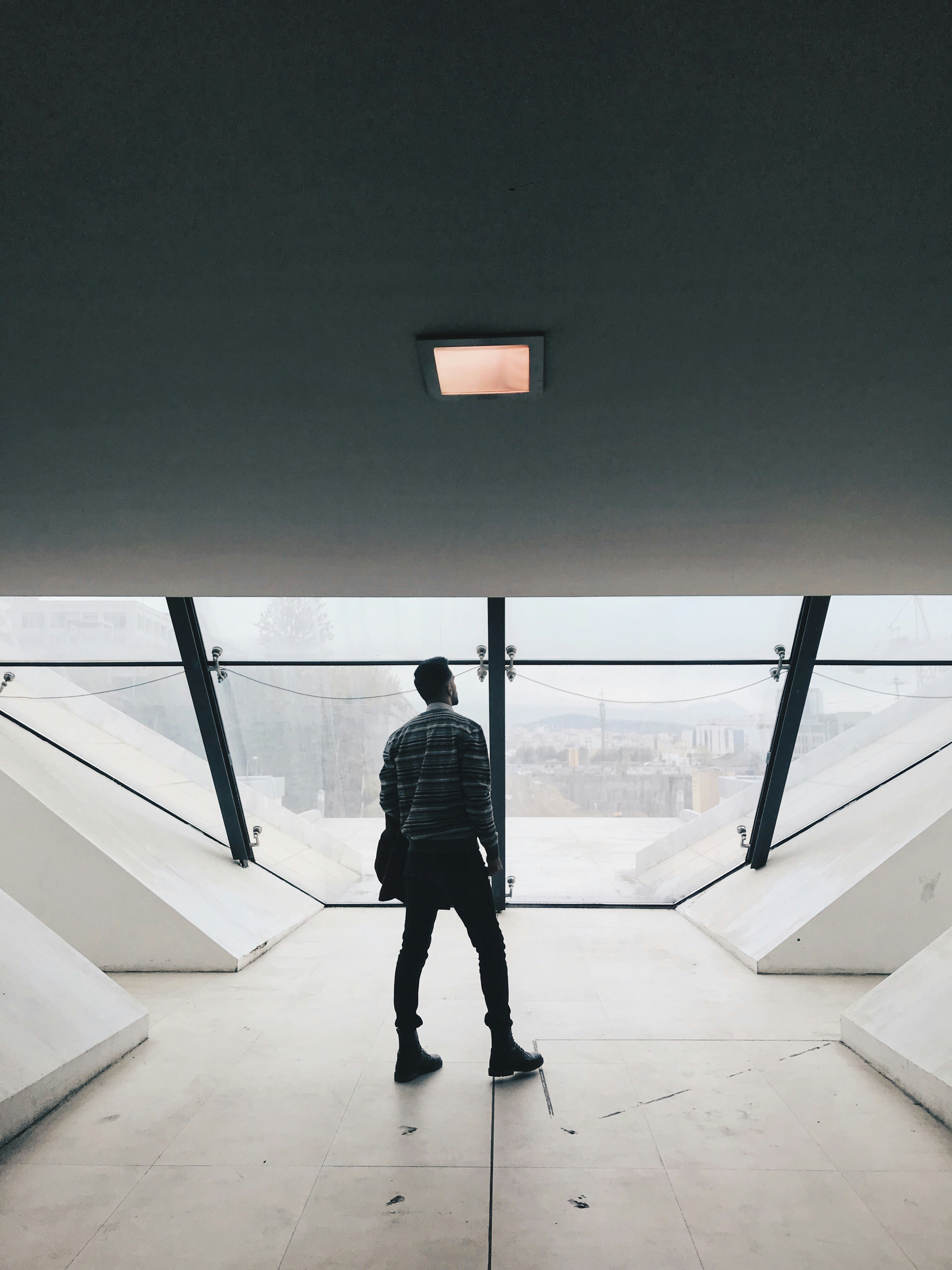 Silhouette of a person standing in a modern architectural space, gazing out through large glass panels. The minimalist design emphasizes the contrast between the interior and the exterior landscape.