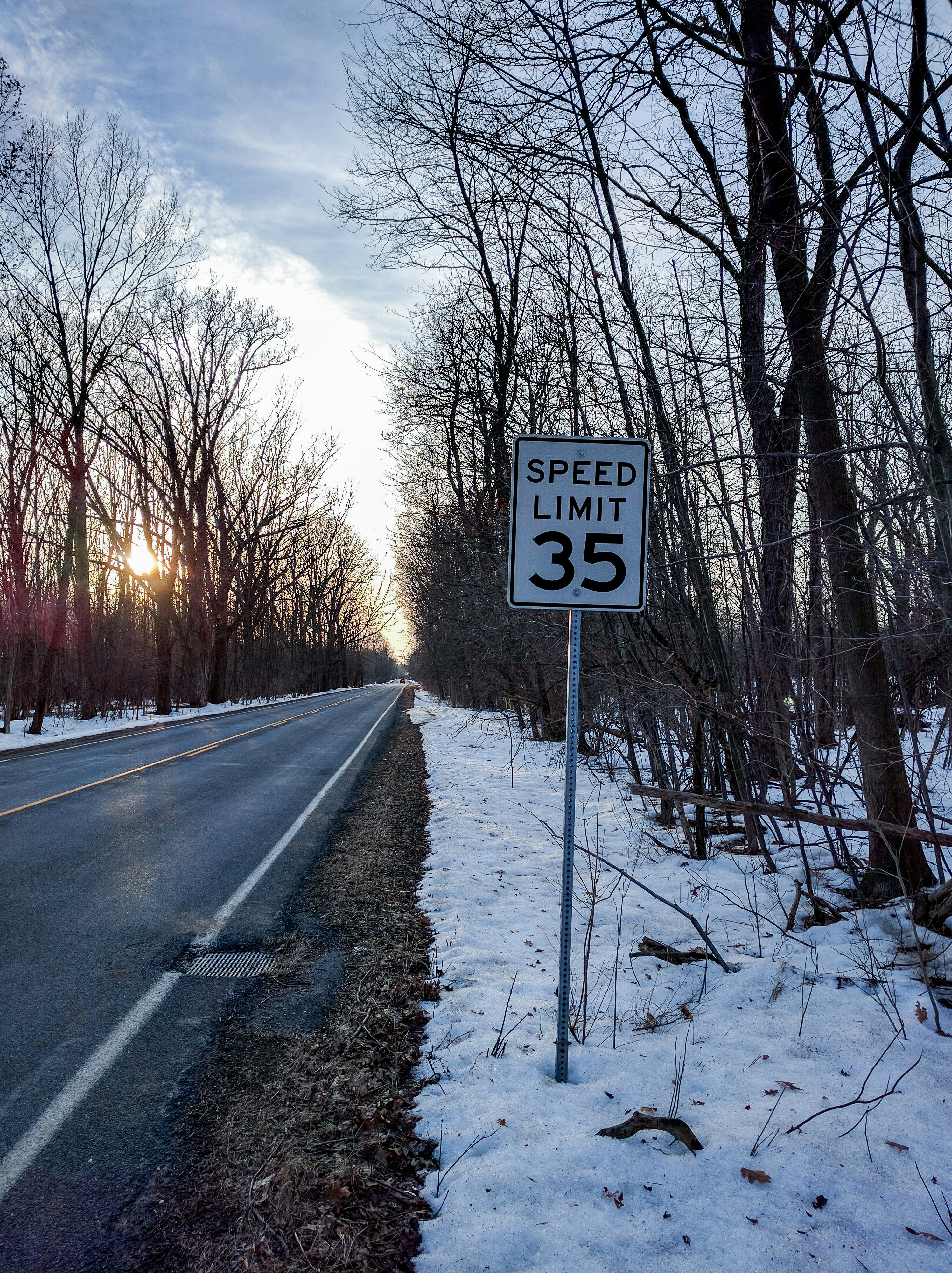 Road beside speed limit 35 signboard near bare trees during winter ...