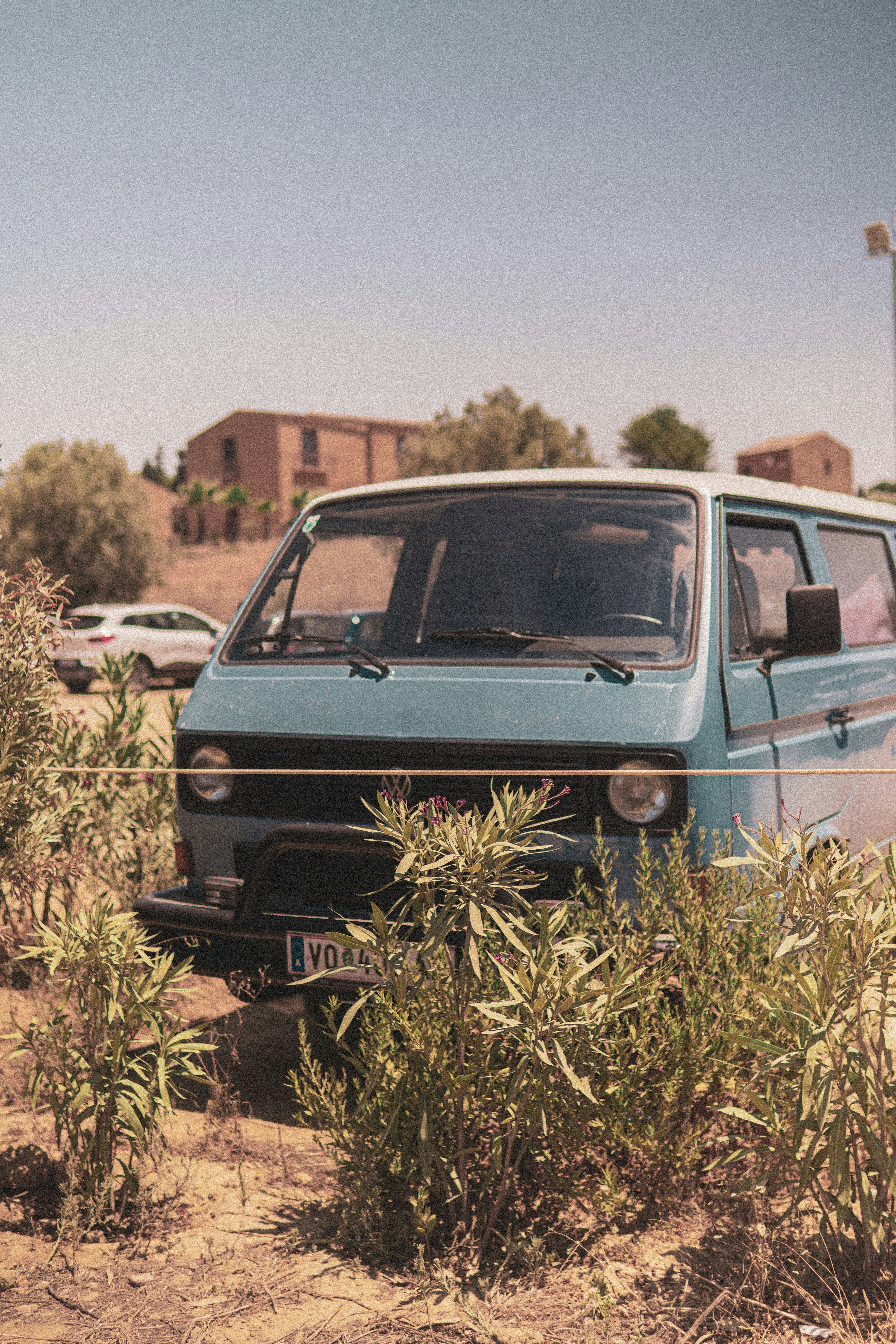 Turquoise Van in a Sunlit Scrubland: A Quiet Retro Moment