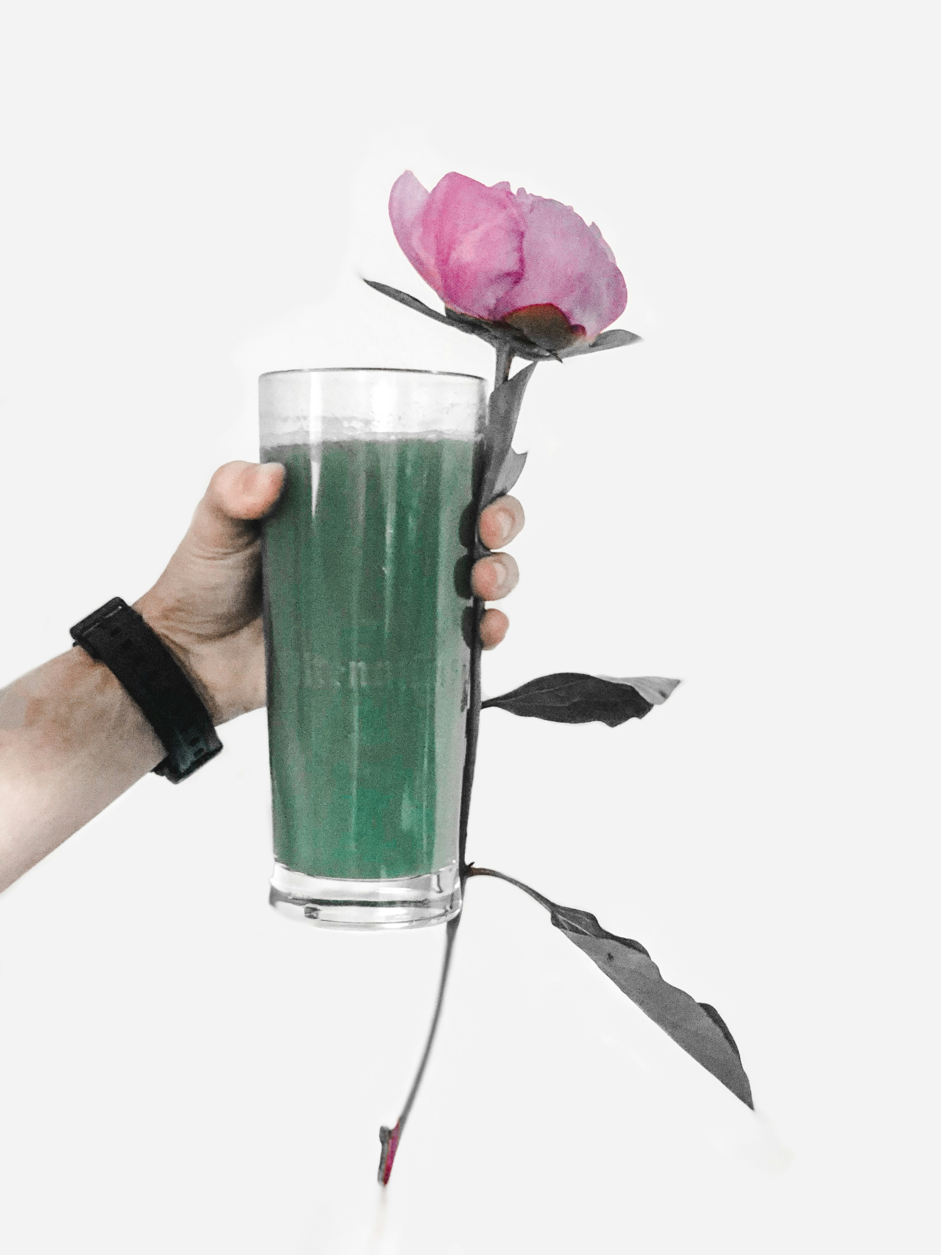Hand holding a tall glass filled with green liquid, adorned with a pink peony flower and leaves extending from the glass.
