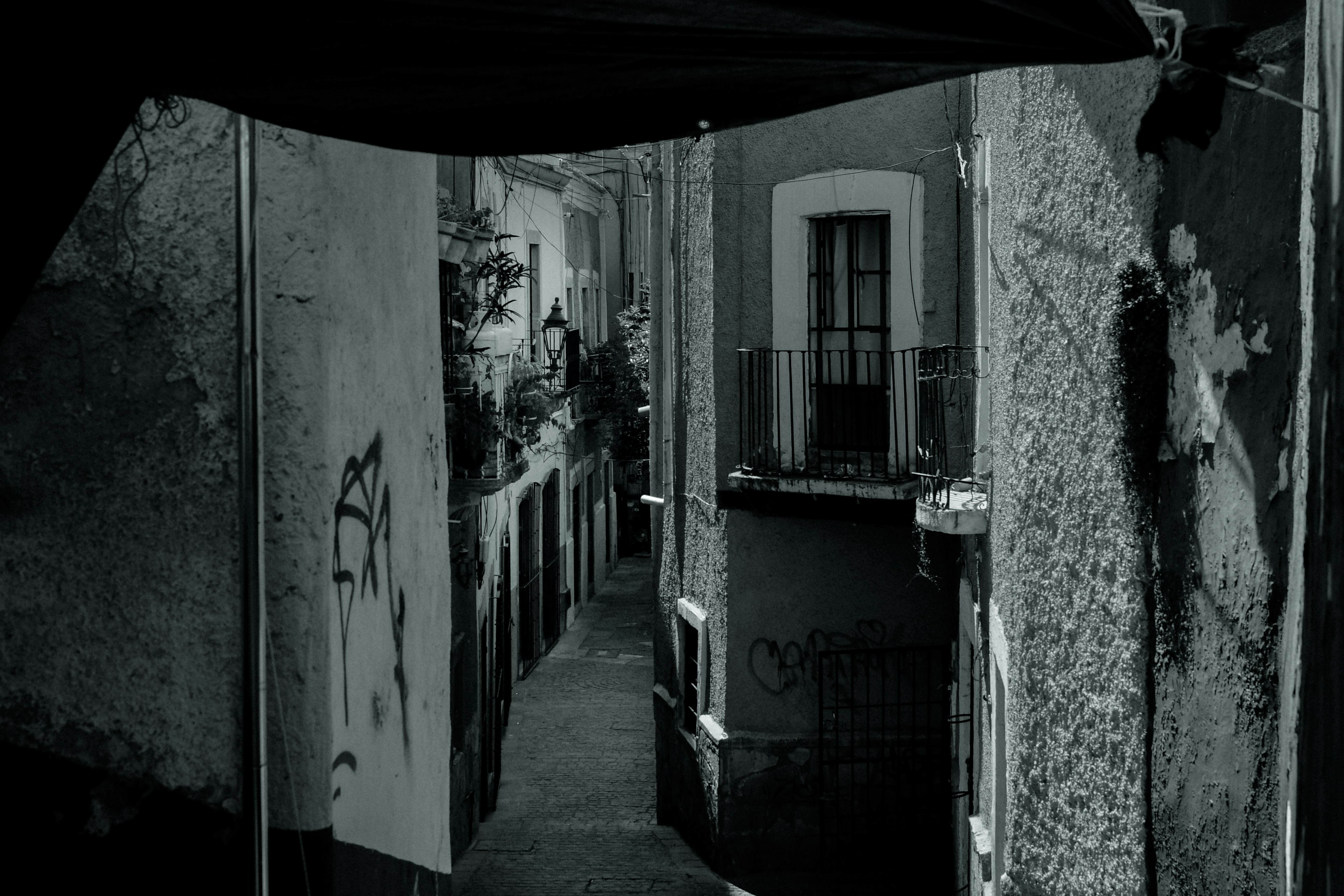 A black and white photo of a narrow alleyway photo – Free Grey Image on ...