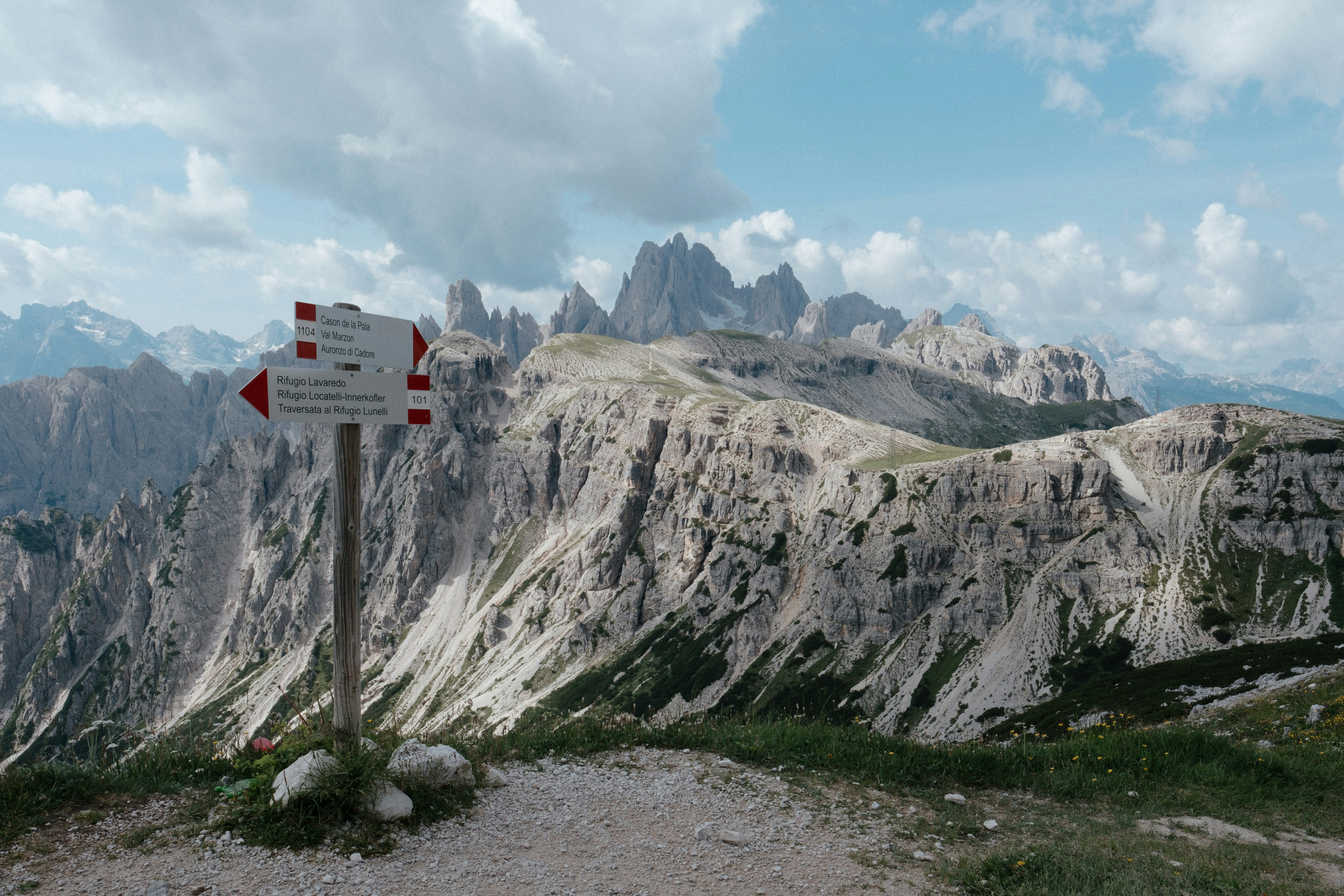 Alpine Signpost at a Rocky Pass Beneath Sawtooth Peaks