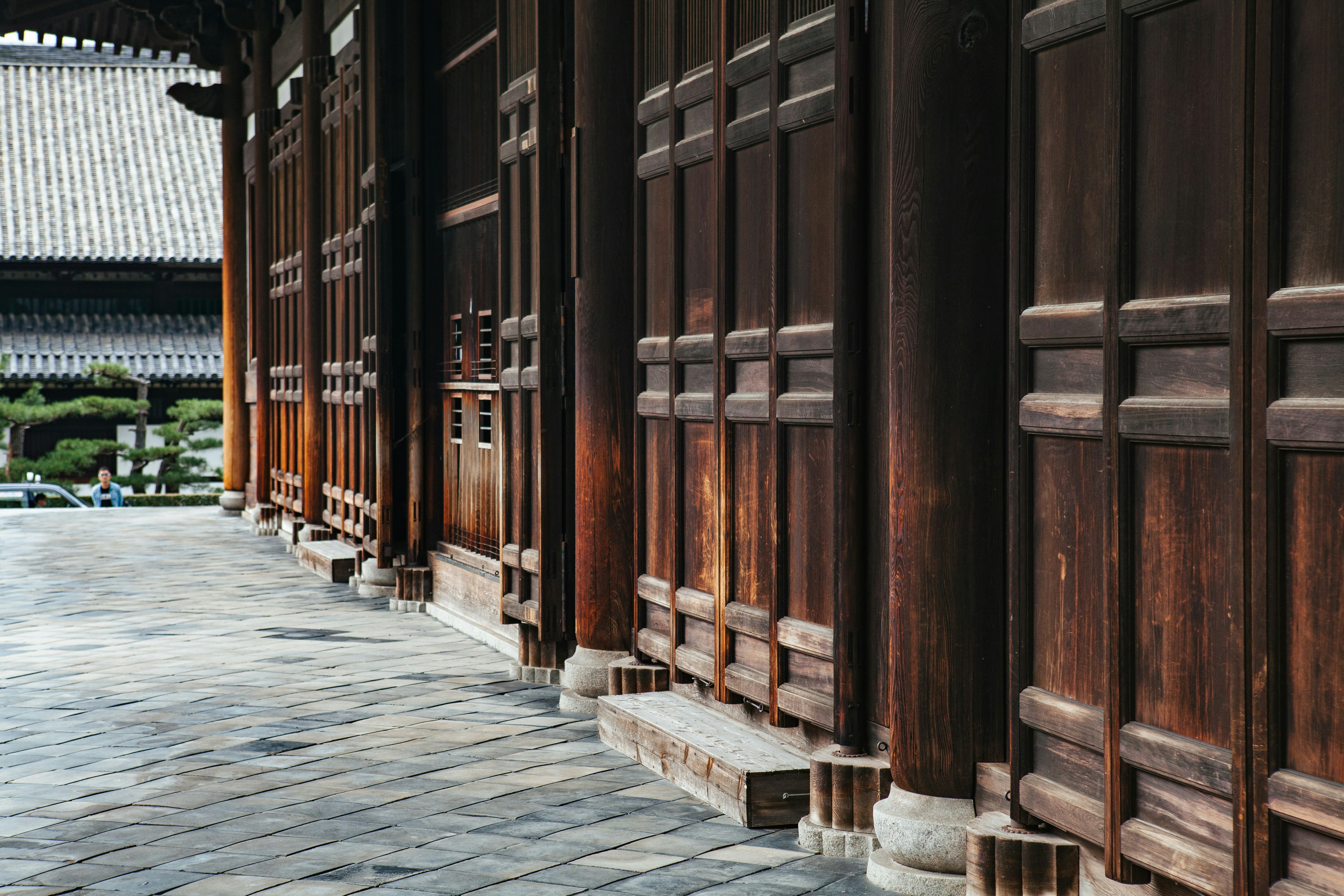 On the Timbered Corridor: A Quiet Path Along the Shaded Temple Wall