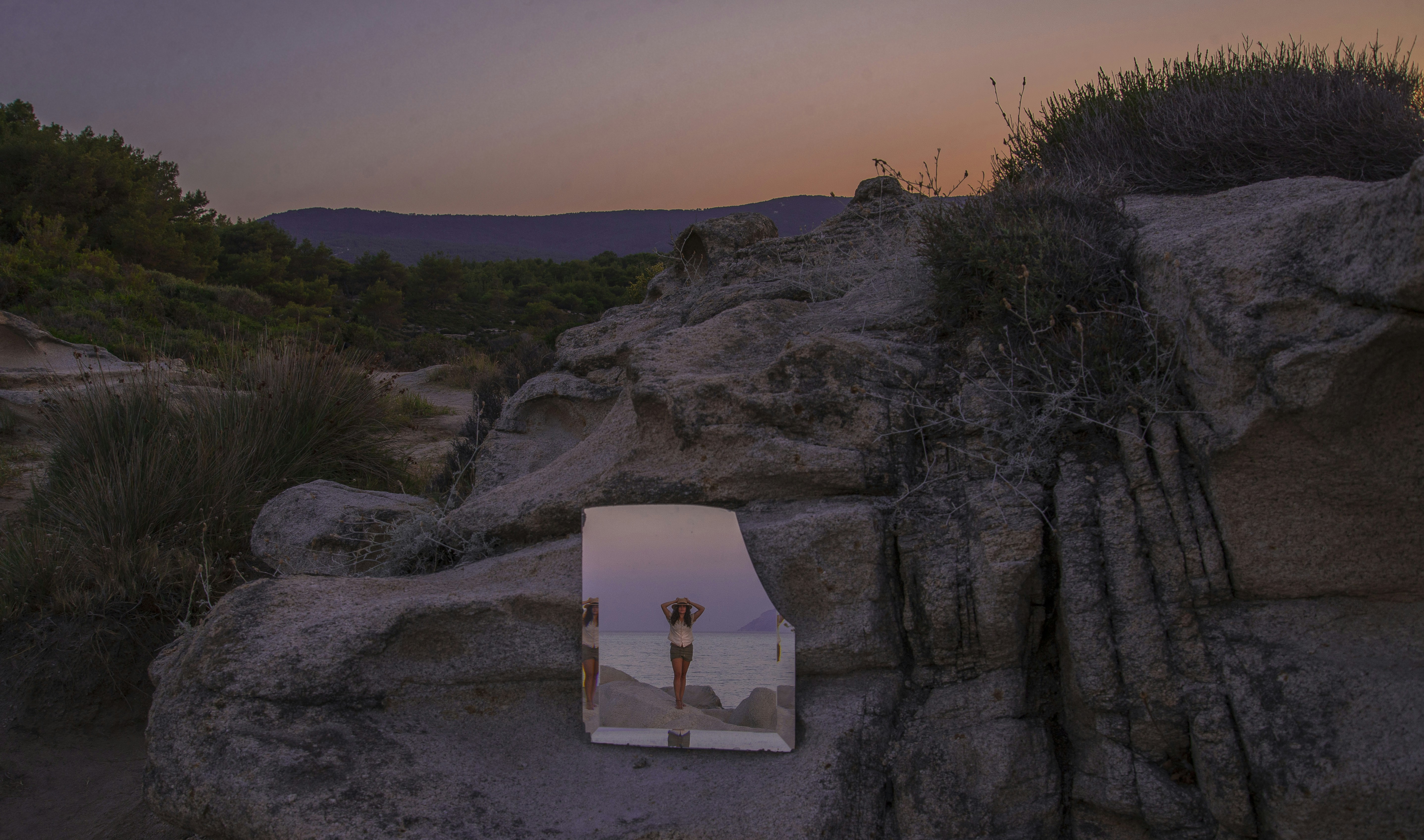 Mirror beneath the Ridge: A Lone Figure in the Twilight Canyon