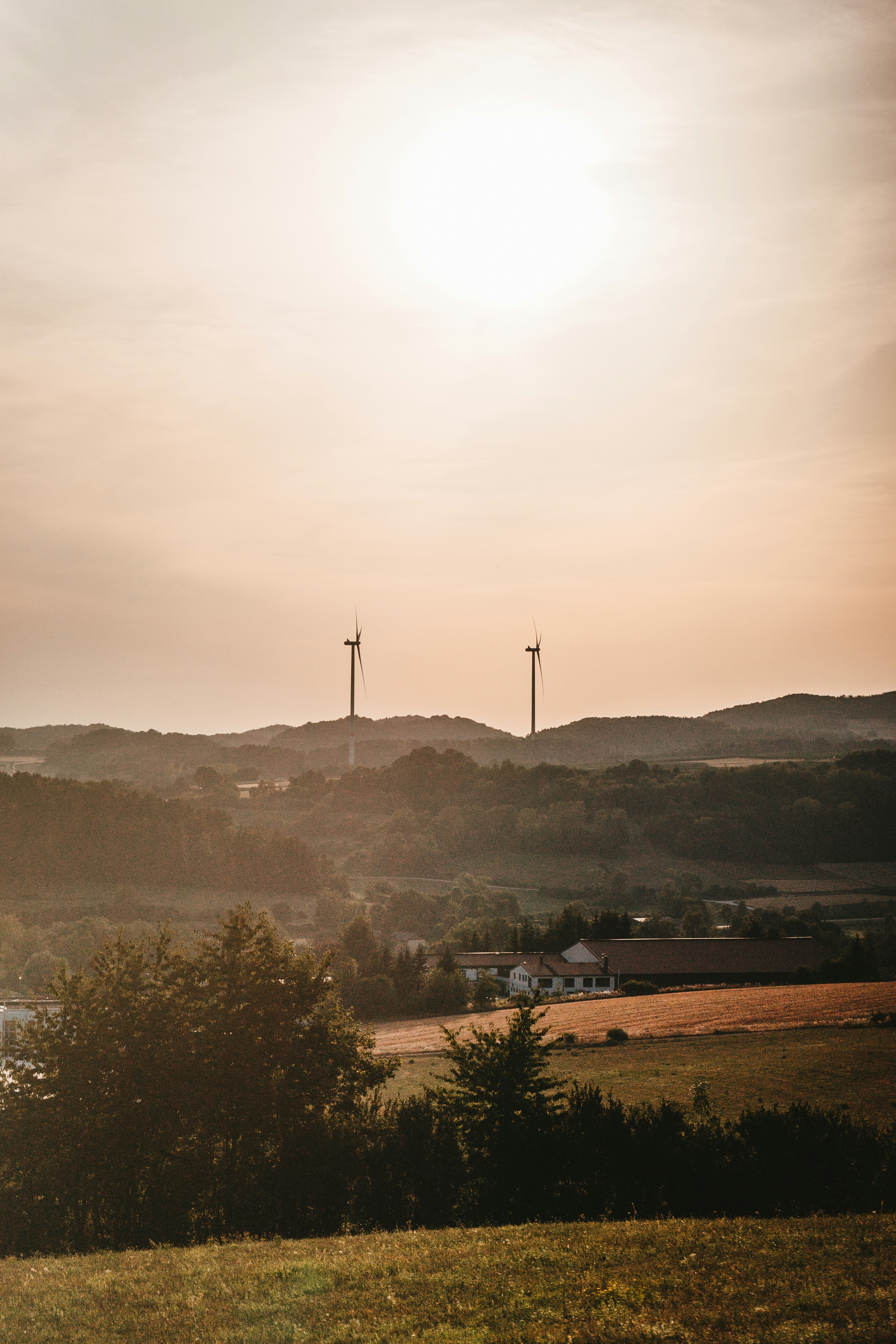 Twin Turbines at Dusk: A Quiet Rural Ridge Under a Peach Sky