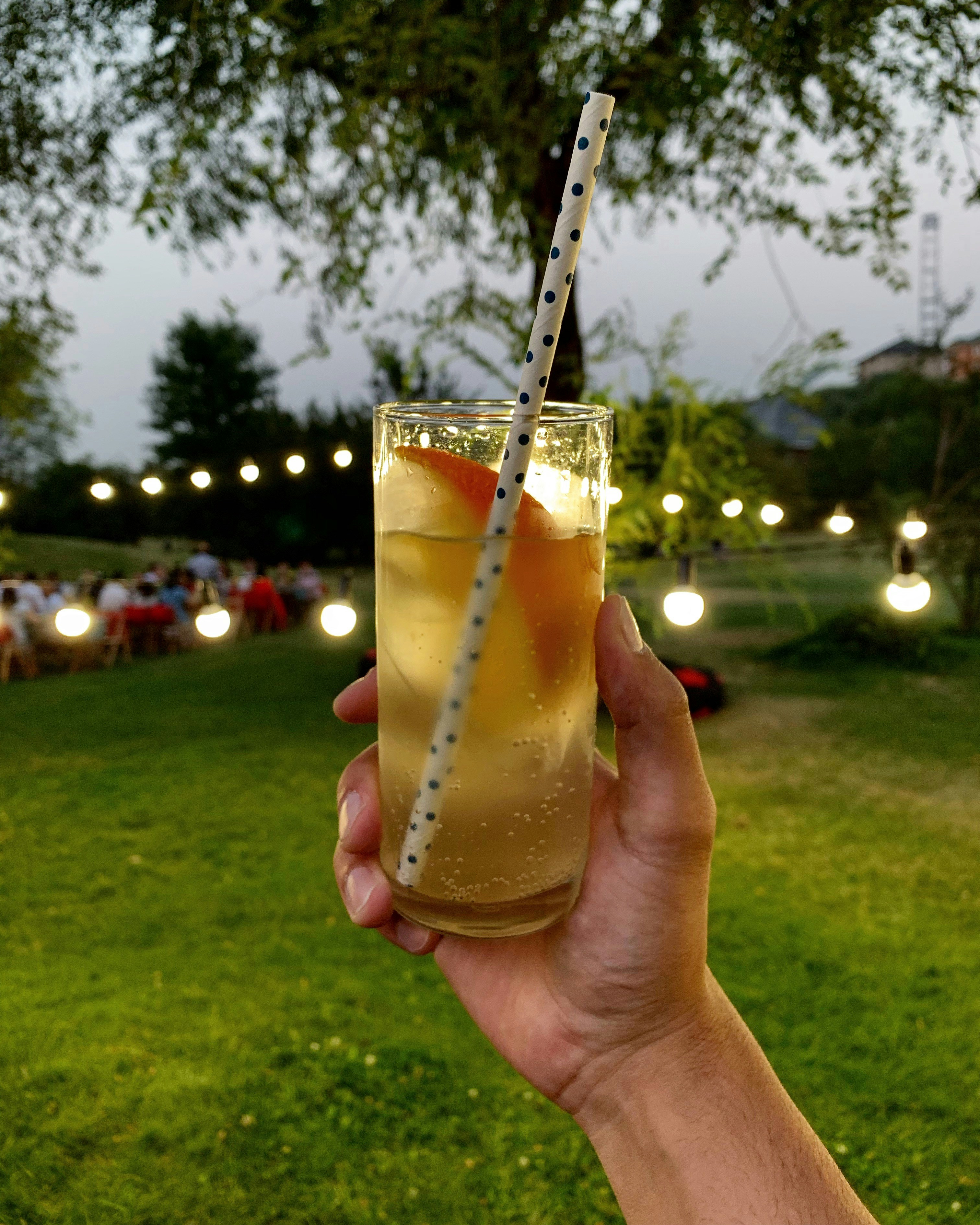 juice with sliced lemon and white and black straw in glass
