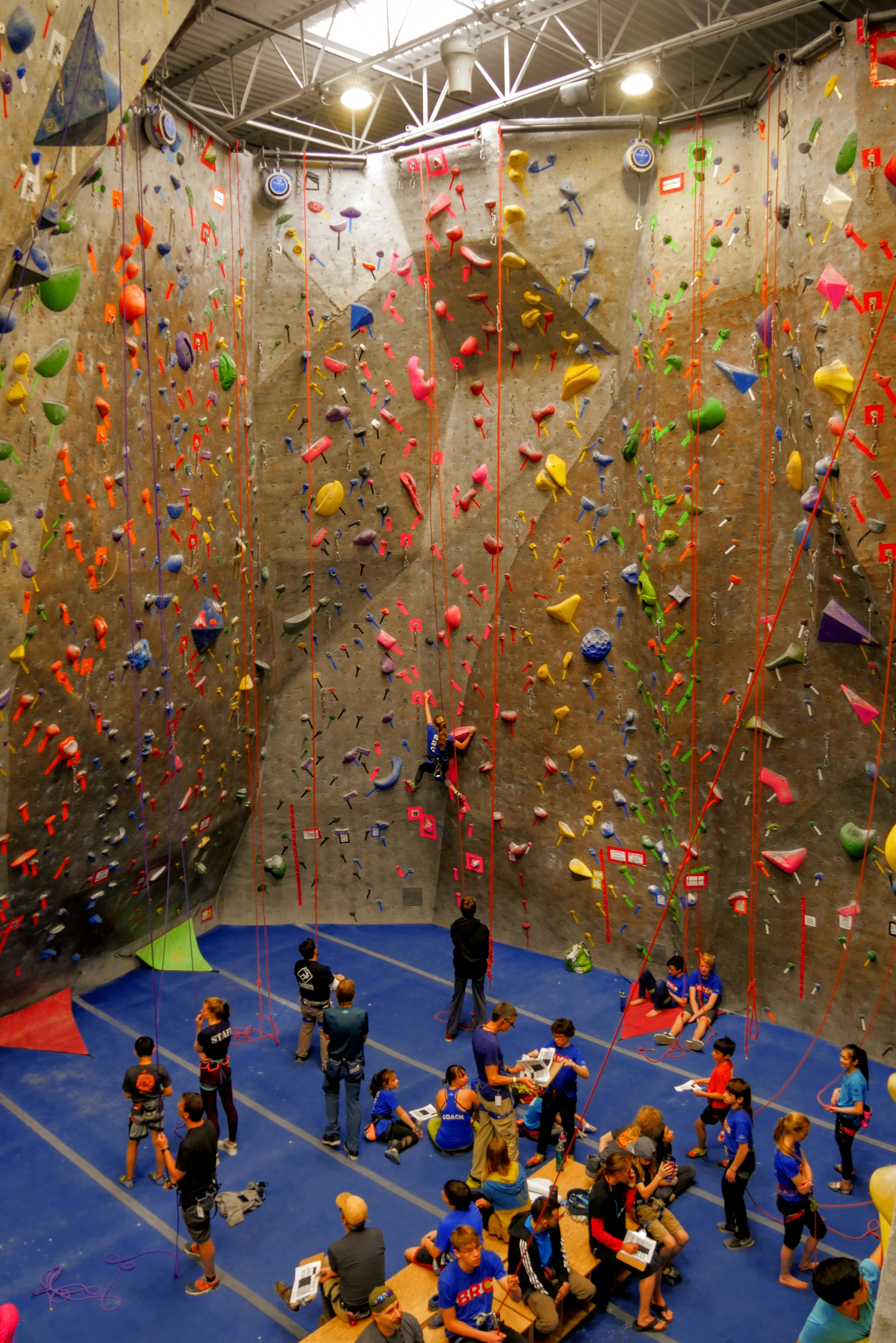 Indoor climbing gym filled with colorful climbing holds and groups of children engaged in various activities. Brightly colored mats provide safety beneath the climbing walls.