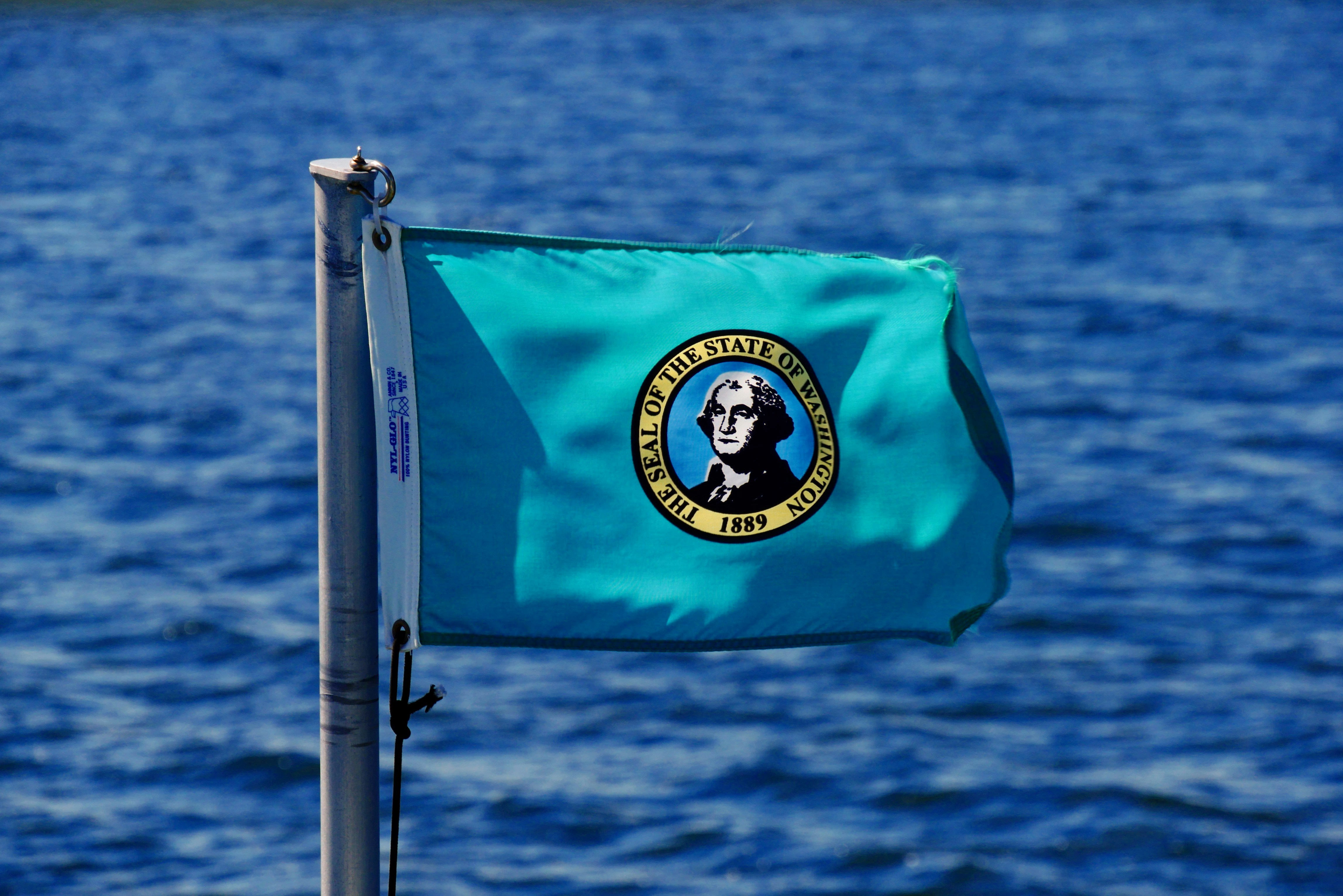 Teal Flag with a Circular State Seal Rippling Over the Blue Sea