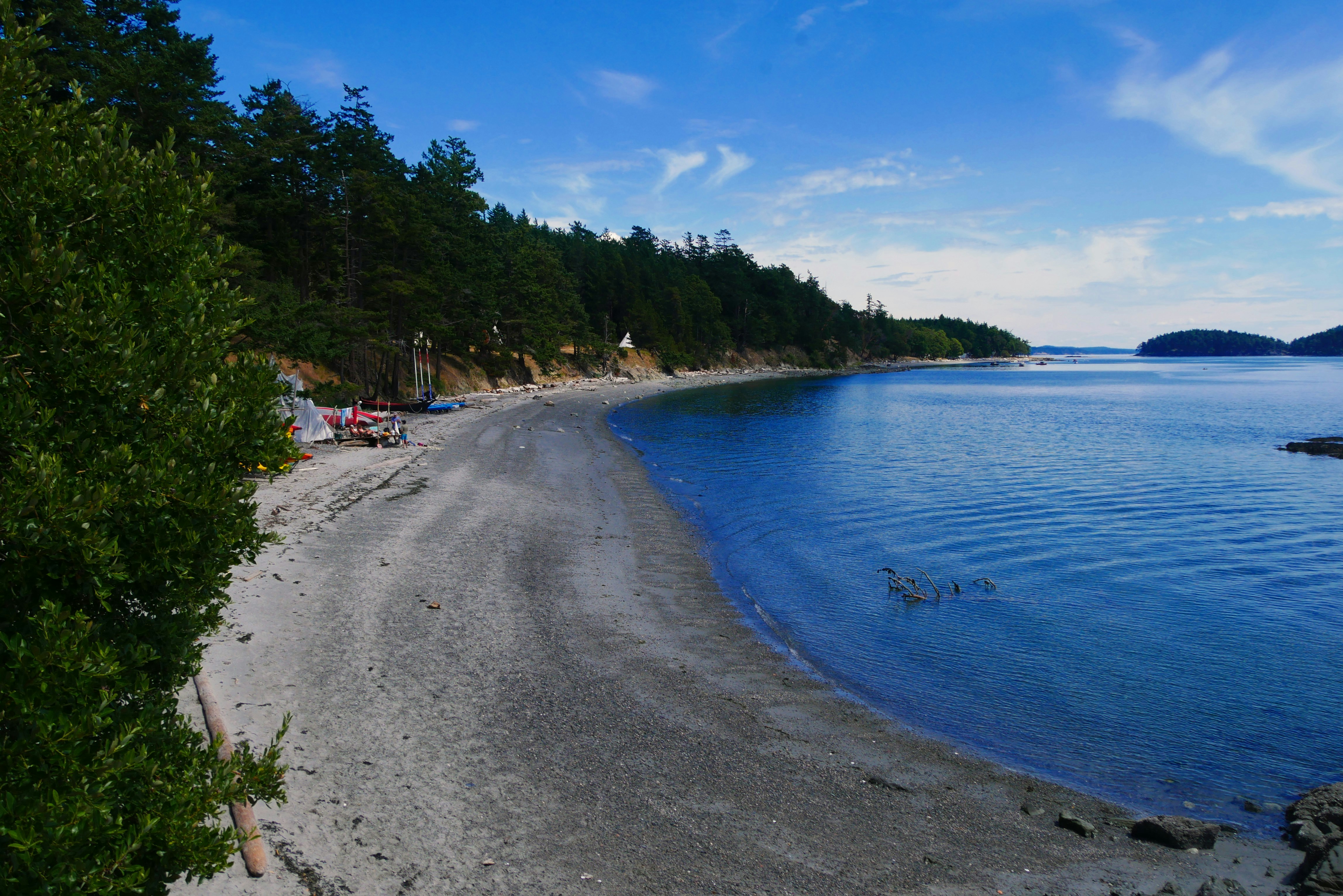 Tranquil beach scene featuring a gentle curve of sand meeting calm waters, surrounded by lush greenery and distant islands.
