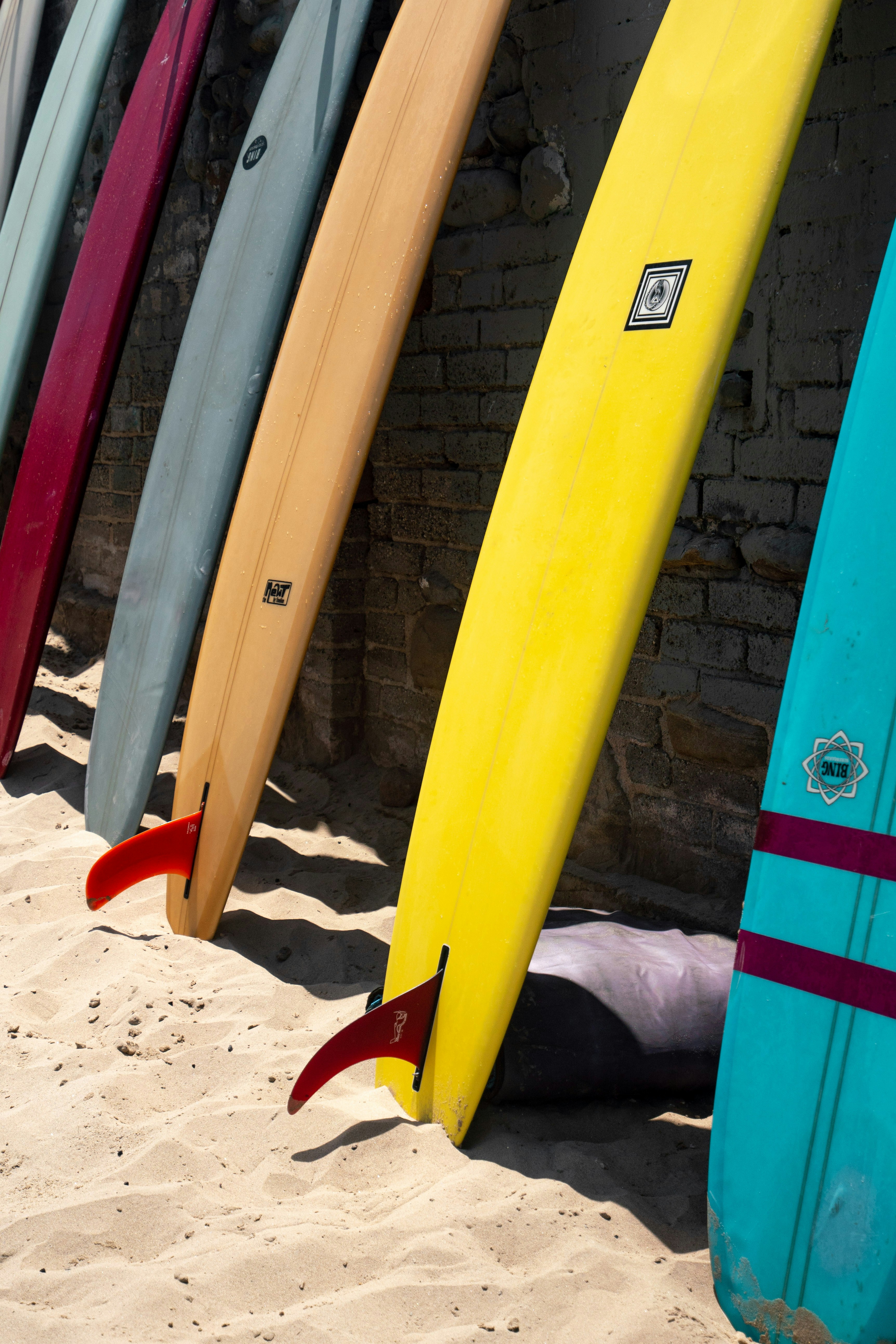 A collection of vibrant surfboards resting against a textured wall, casting shadows on the sandy beach below.