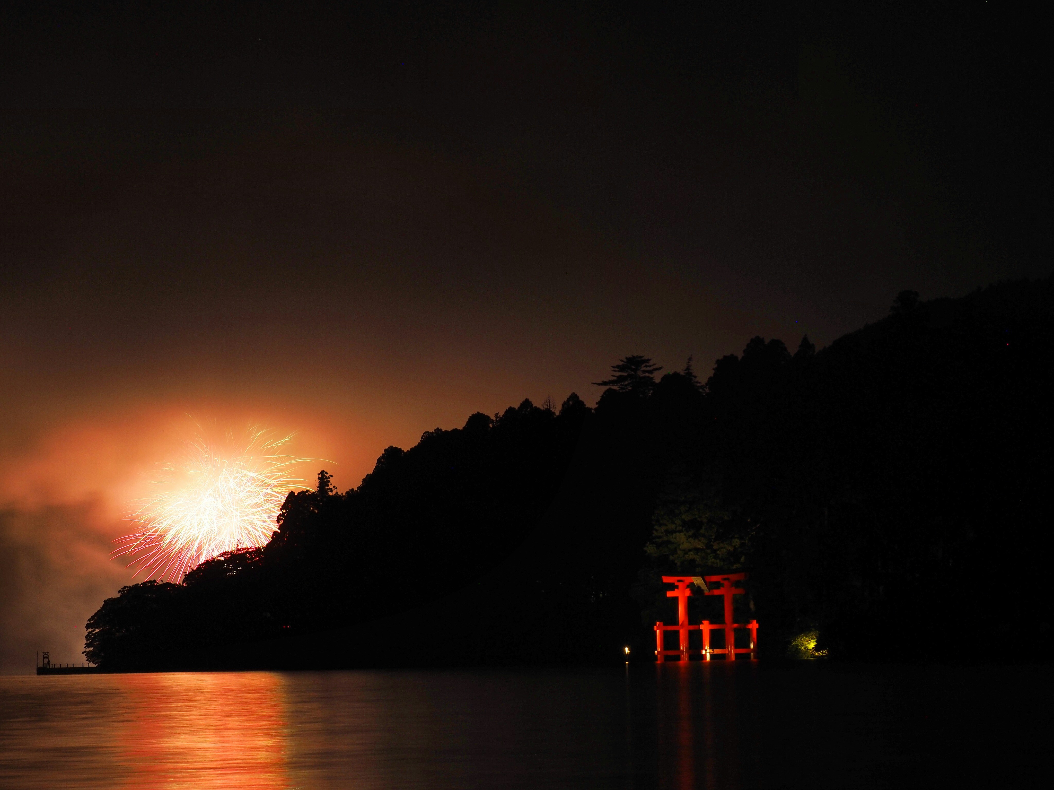 Night Burst over the Shōdō Gate: Fireworks by the Silent Water