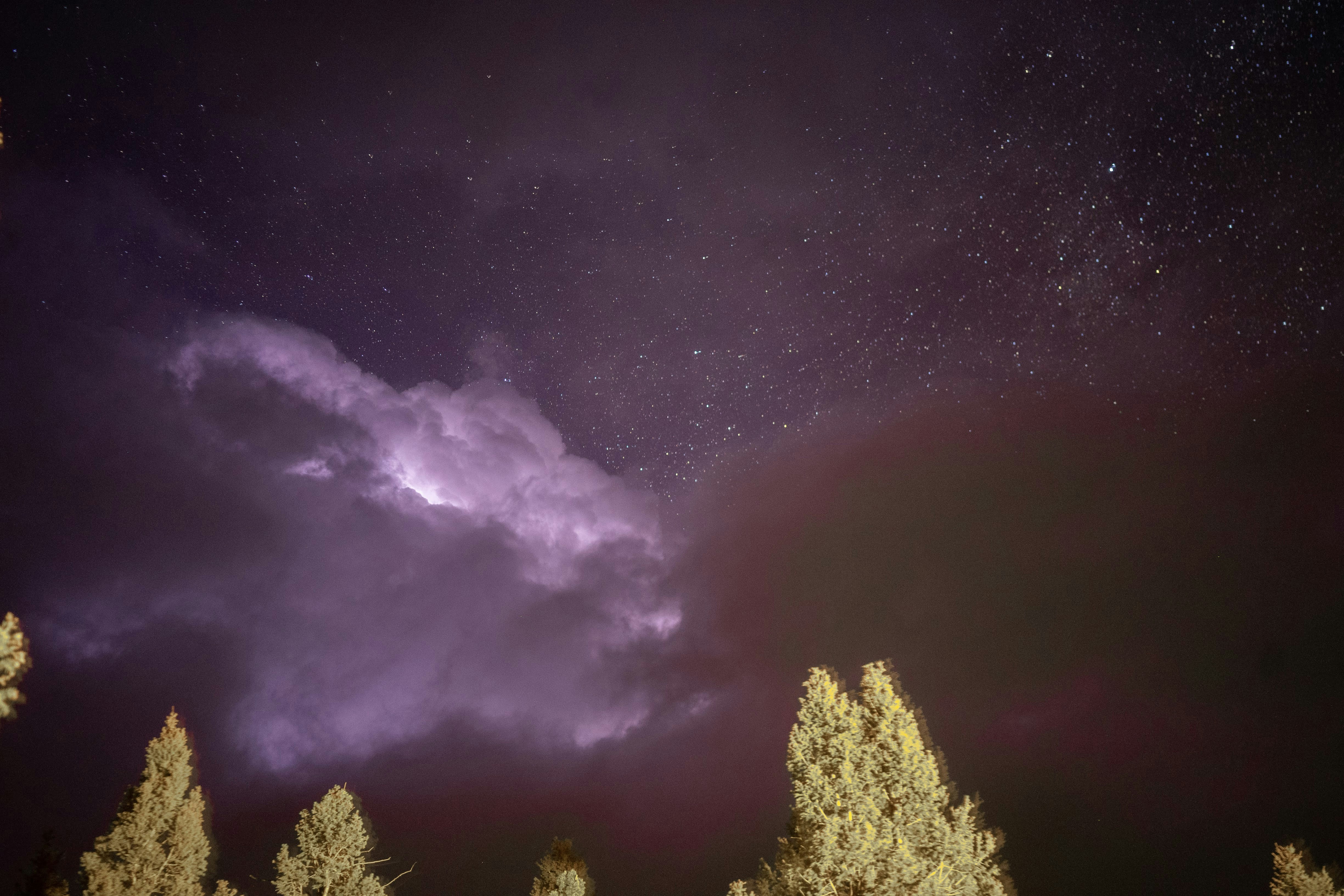 Celestial Violet Cloud Above Pine Ridge Beneath a Starry Sky