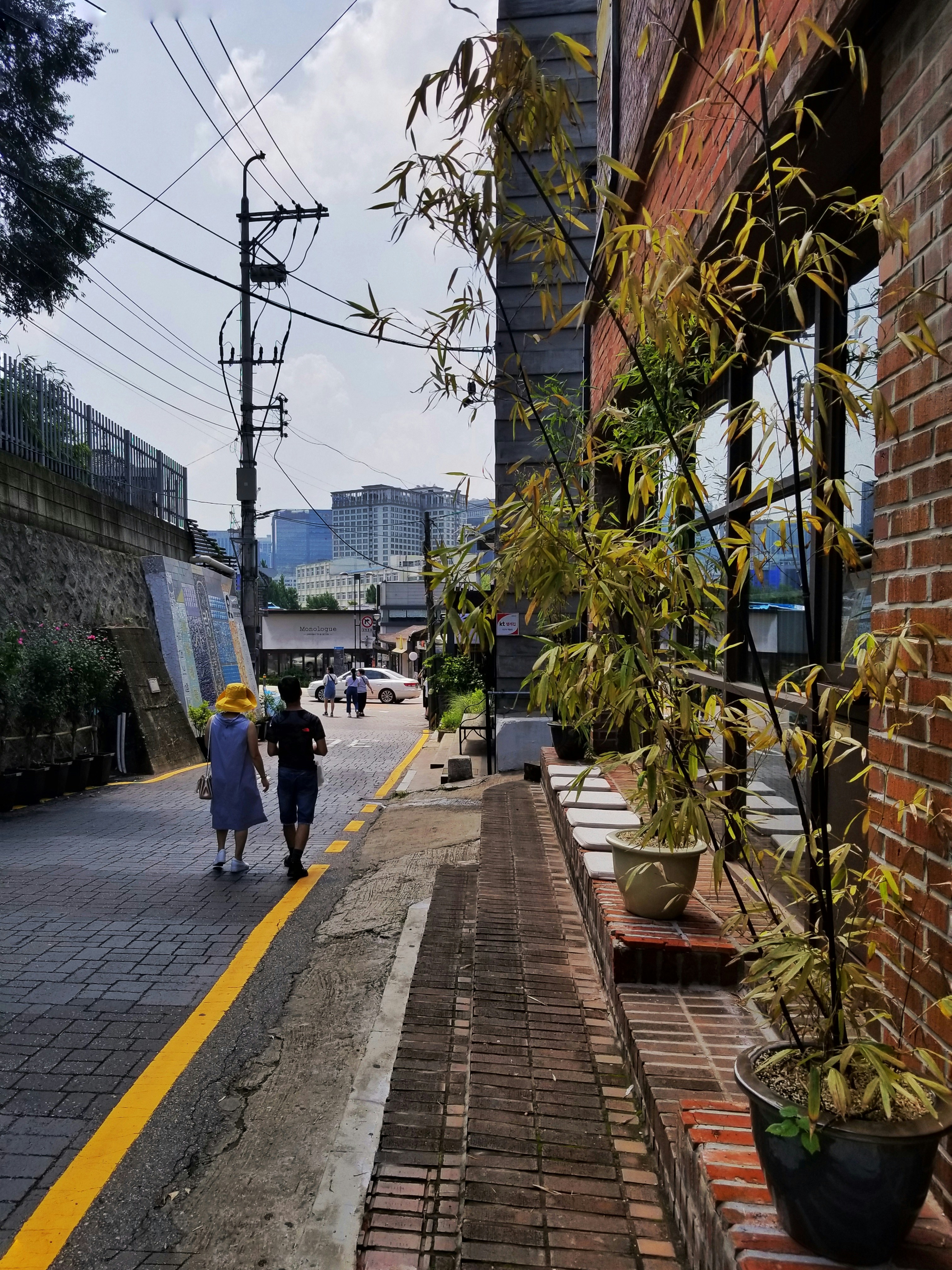 Two individuals walking down a vibrant street lined with greenery and rustic brick architecture. The scene captures a blend of urban life and nature.