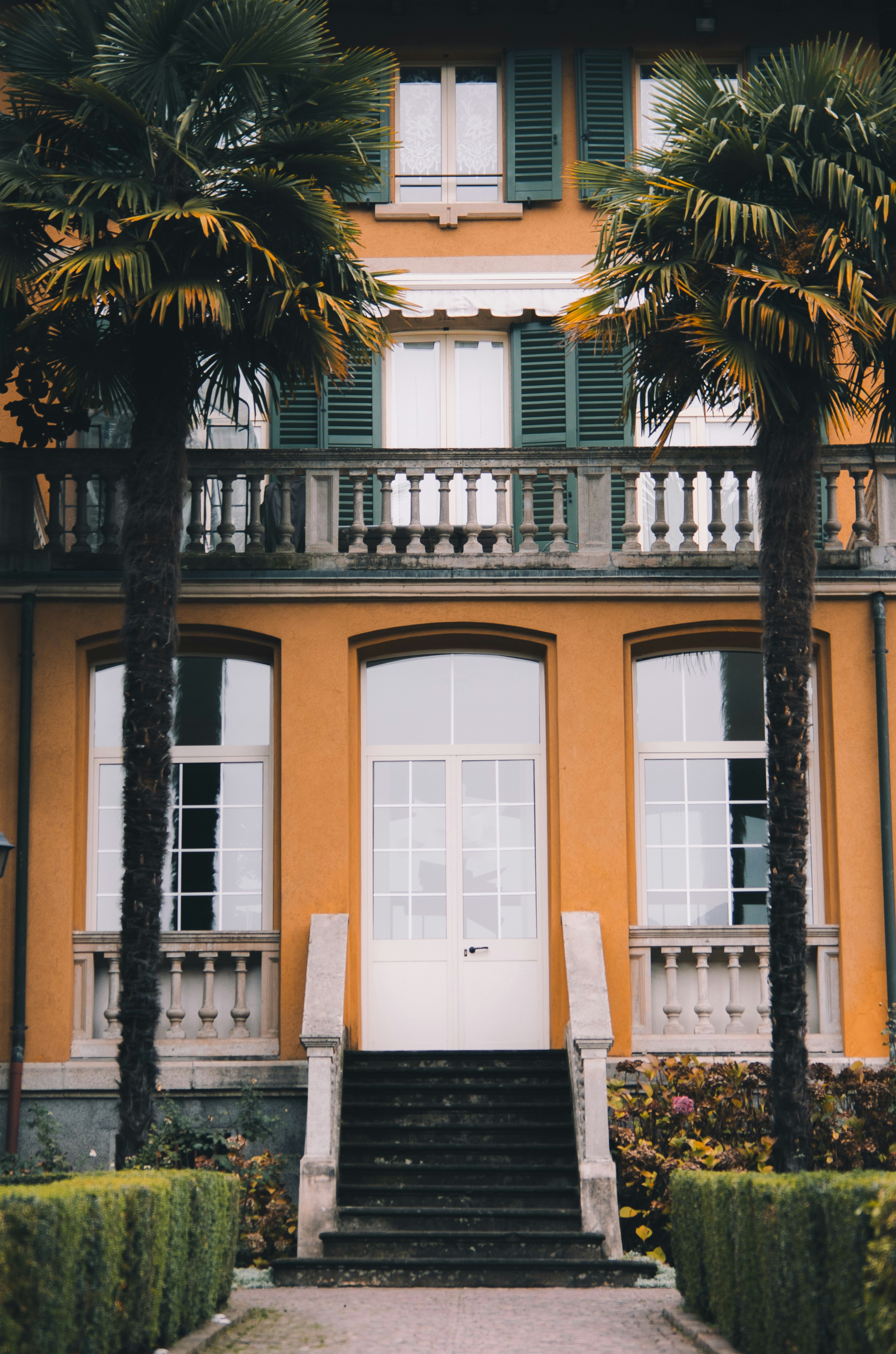 Elegant villa framed by lush palm trees, showcasing an inviting entrance with a classic staircase. The vibrant orange facade contrasts beautifully with the greenery.