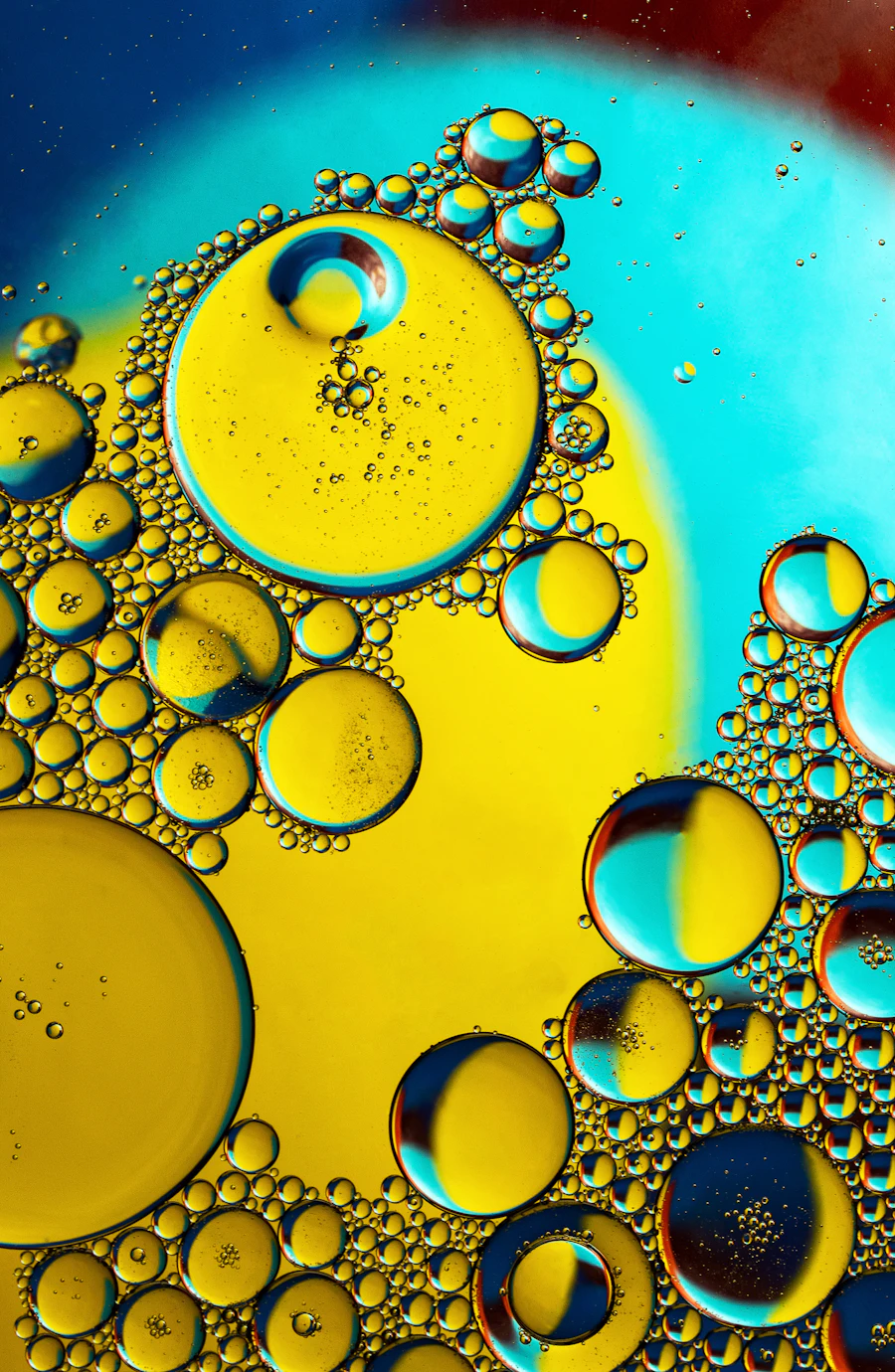 Abstract macro scene of colorful oil droplets suspended in liquid, dominated by a large yellow circle with cyan and blue reflections. Smaller bubbles cluster around the edges against a bright teal background.