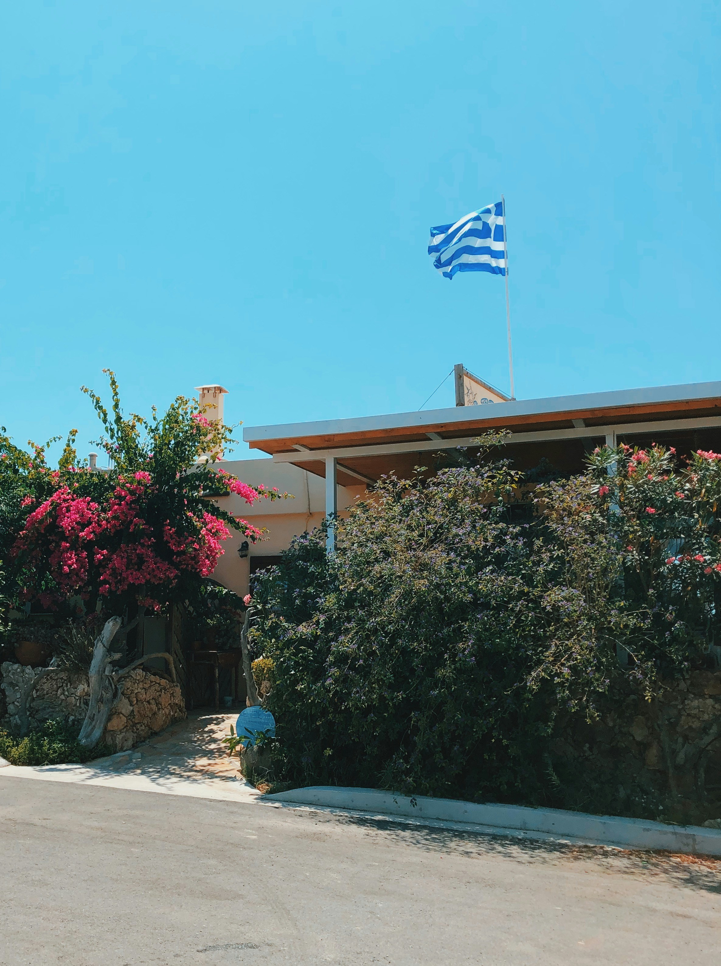 A charming house adorned with blooming bougainvillea and a Greek flag waving against a clear blue sky.