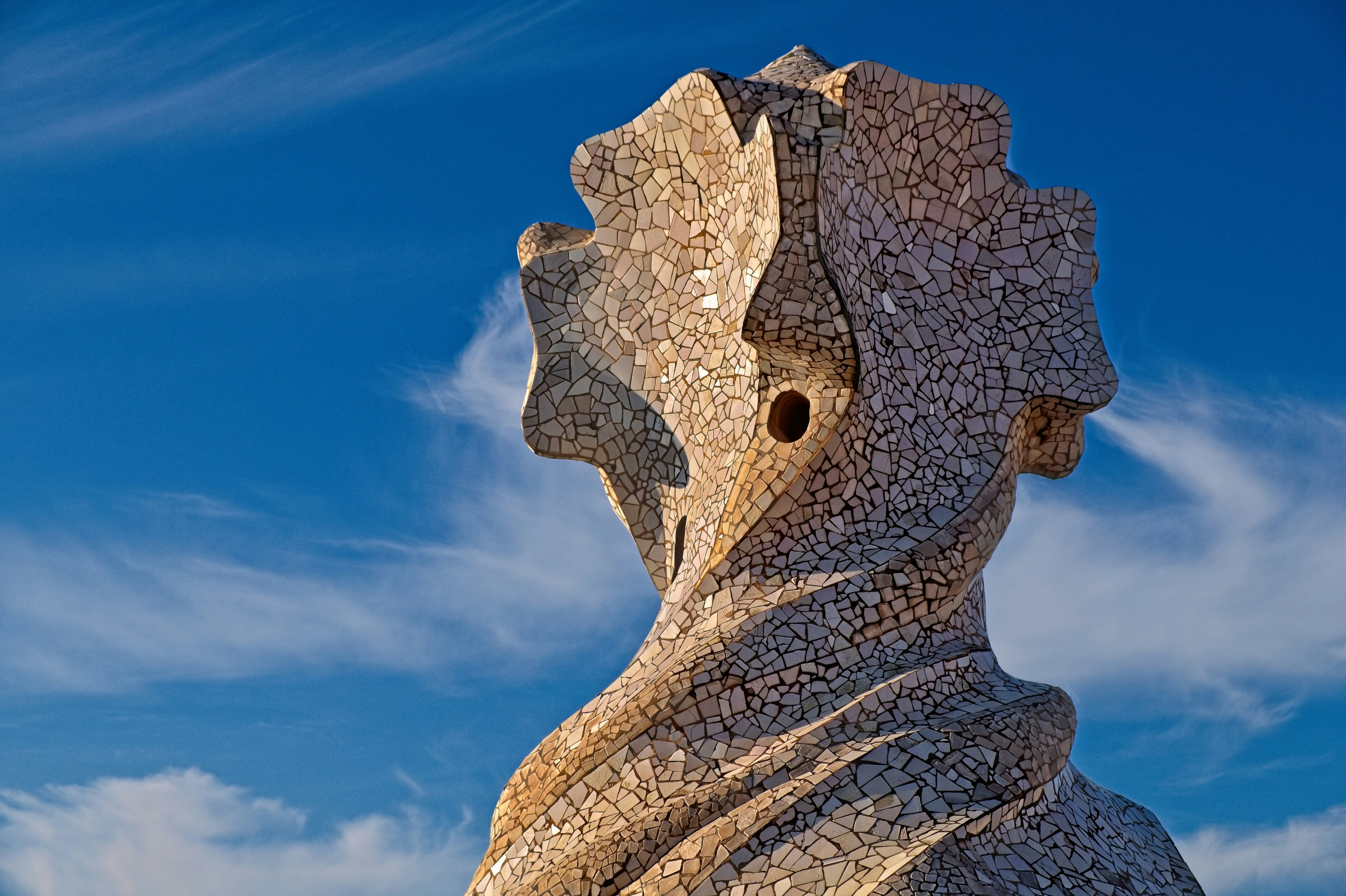 Whorl of Stone: A Sardonic Head Against a Cerulean Sky