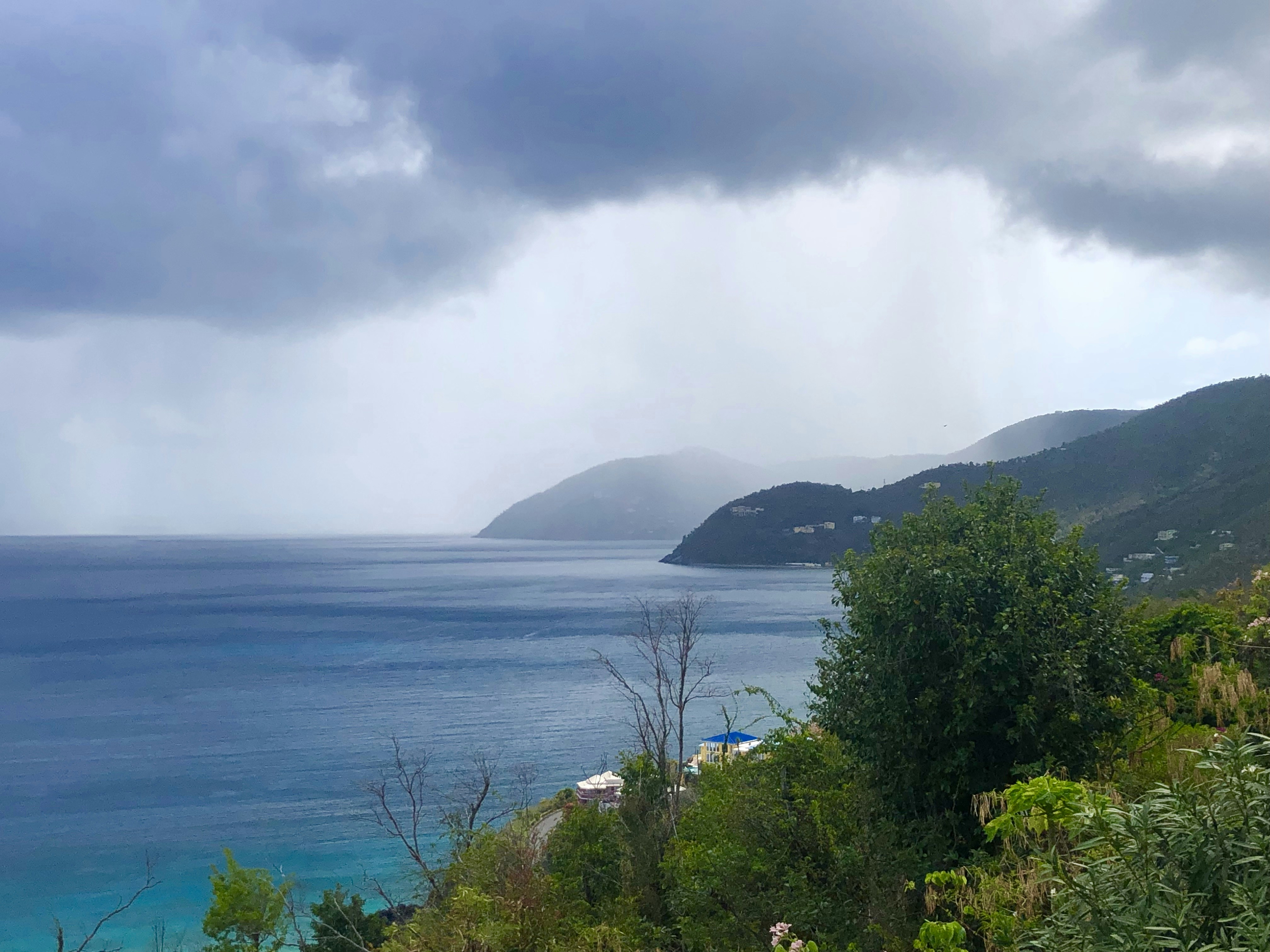 Lush coastal landscape under a moody sky, with distant mountains and rain falling over the ocean. The scene captures a serene moment in nature.