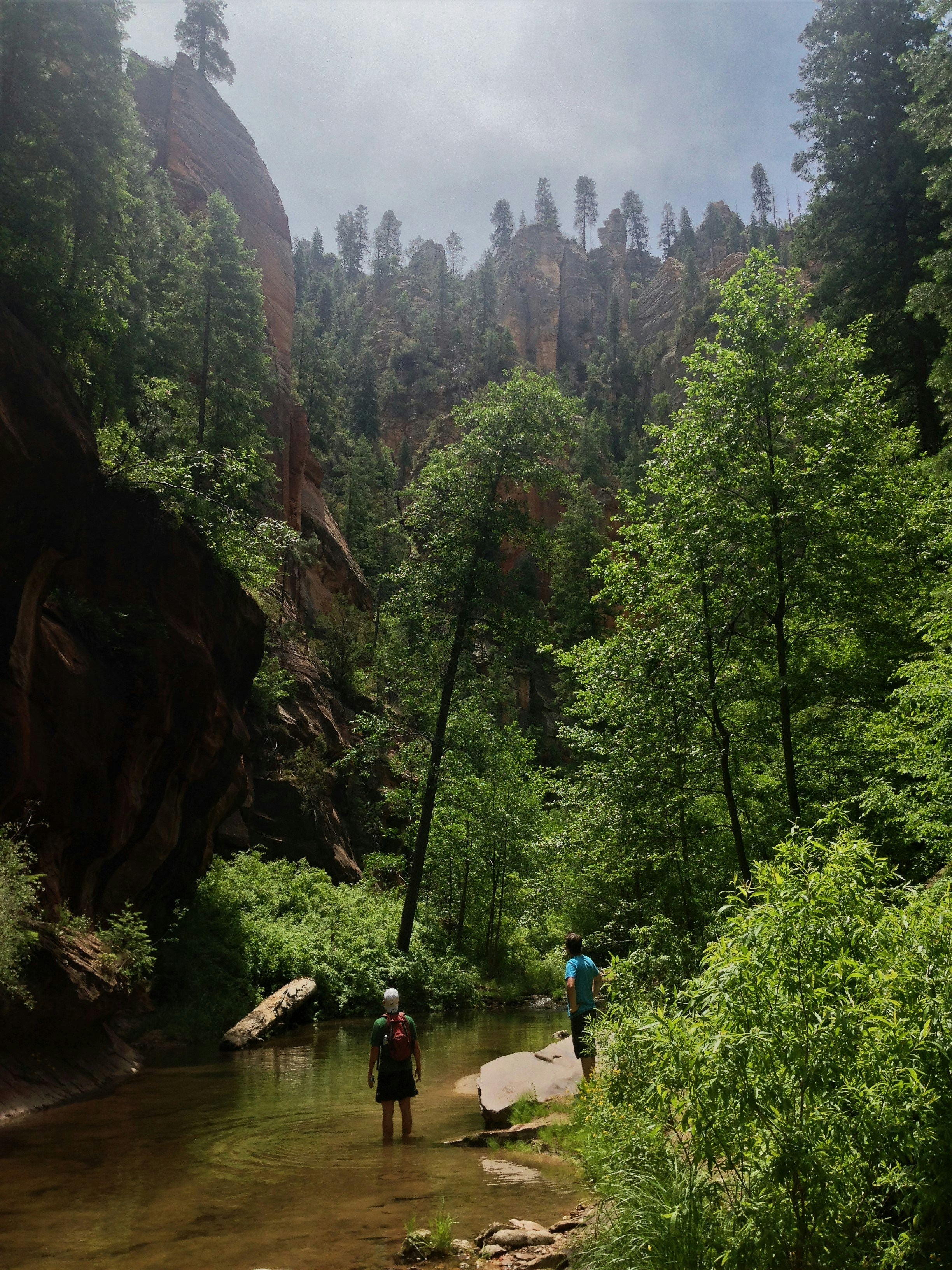 Two hikers in a shaded canyon along a shallow river
