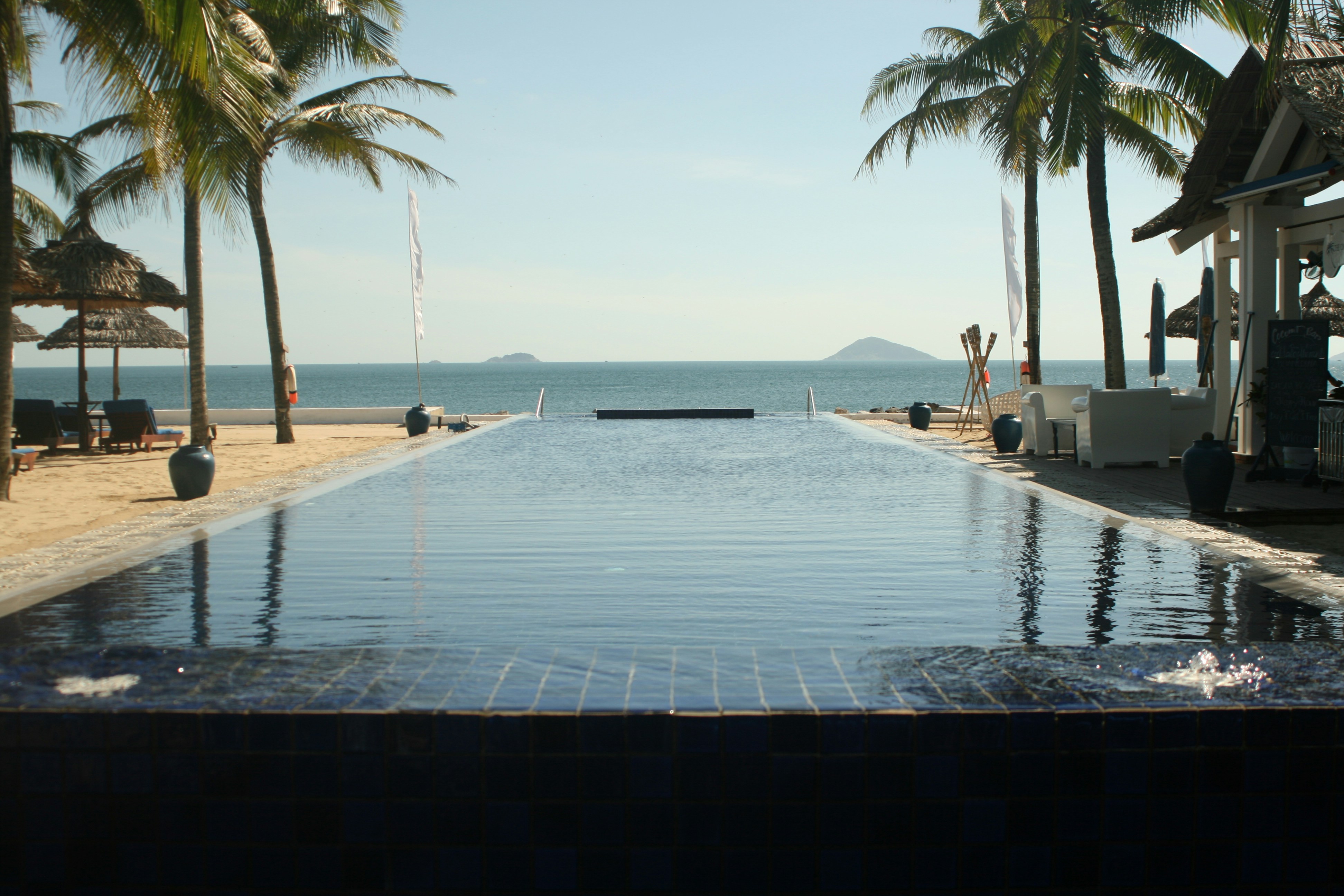 Infinity pool reflecting the sky, bordered by palm trees and overlooking the ocean. A peaceful beach scene invites relaxation.