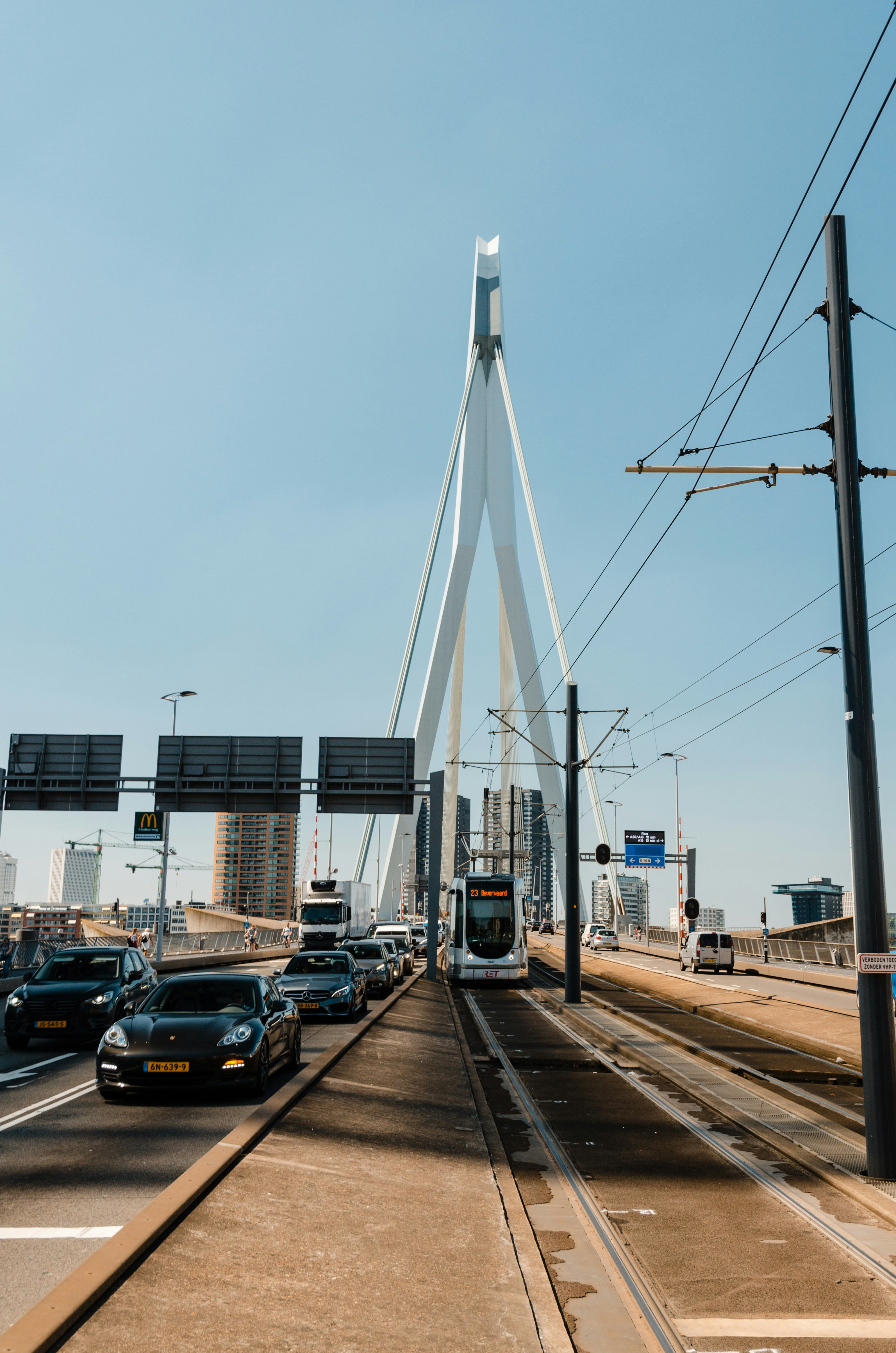 Radiant Pylon Over a Trams-and-Traffic Corridor on Rotterdam's Erasmus Bridge