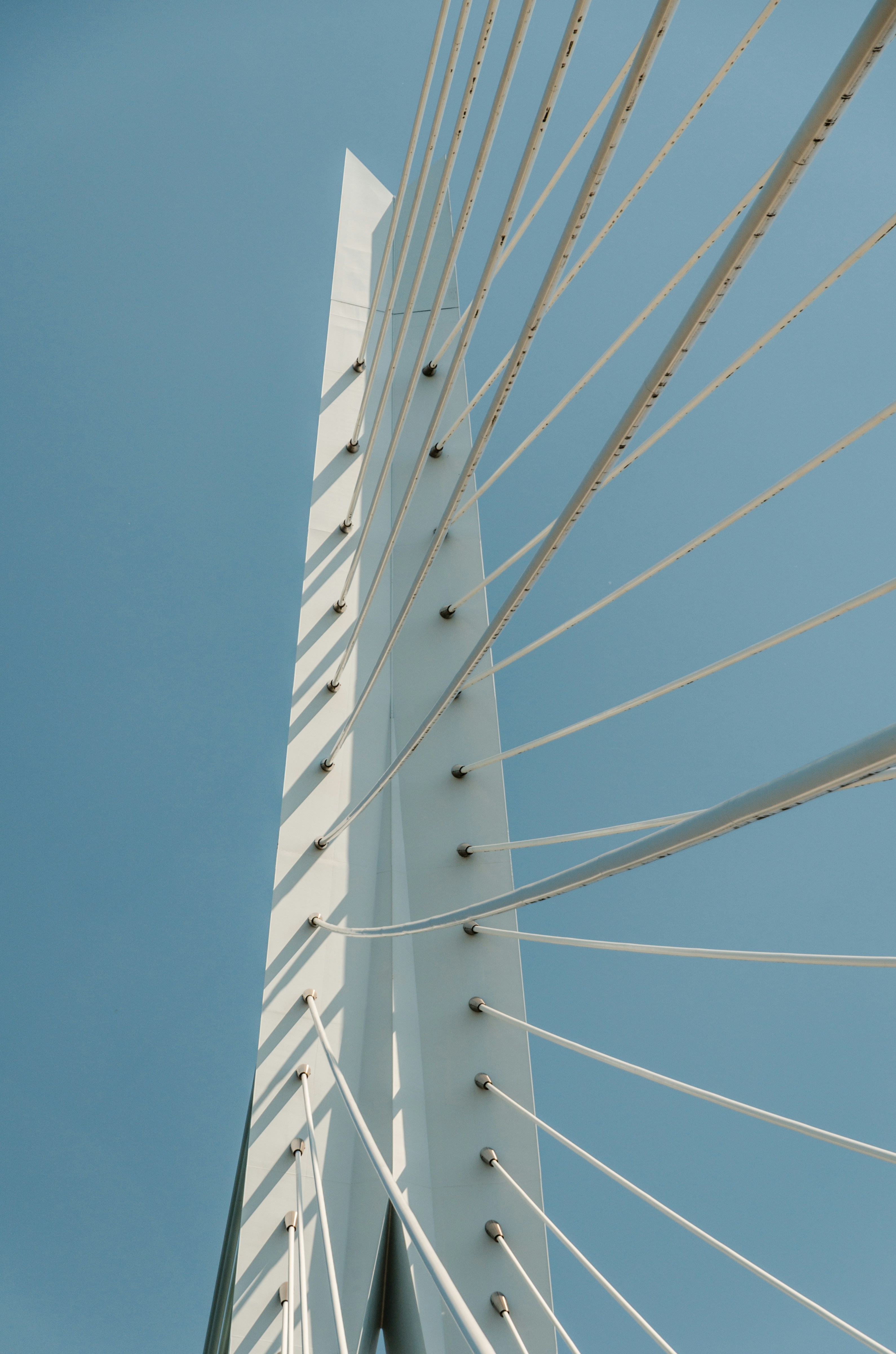 A modern cable-stayed bridge tower reaching towards a clear blue sky, showcasing intricate support cables and sleek design elements.