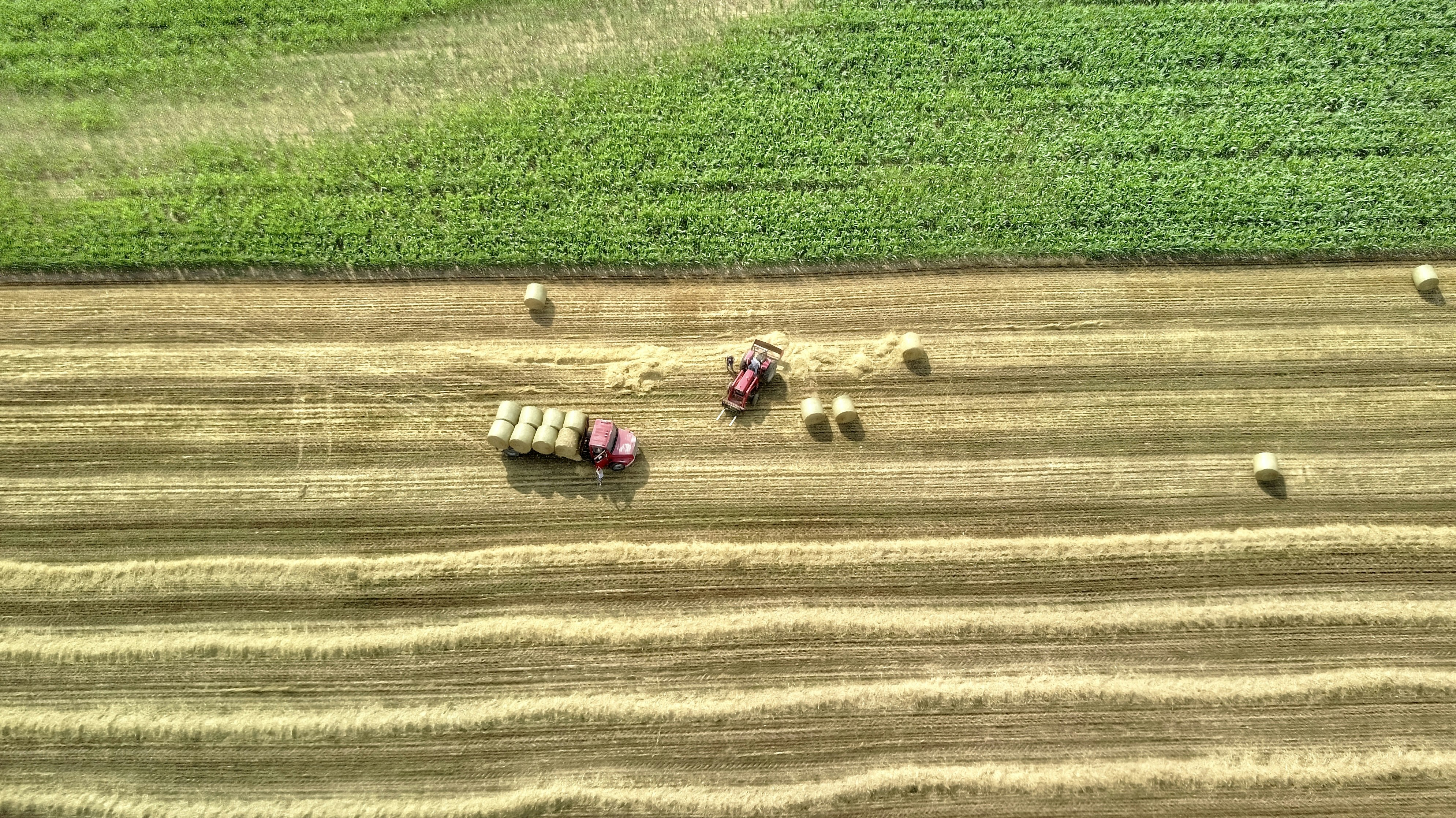 A drone shot captures a plowed field with round hay bales and a strip of green crops at the top, showing parallel furrows and farming activity from above.