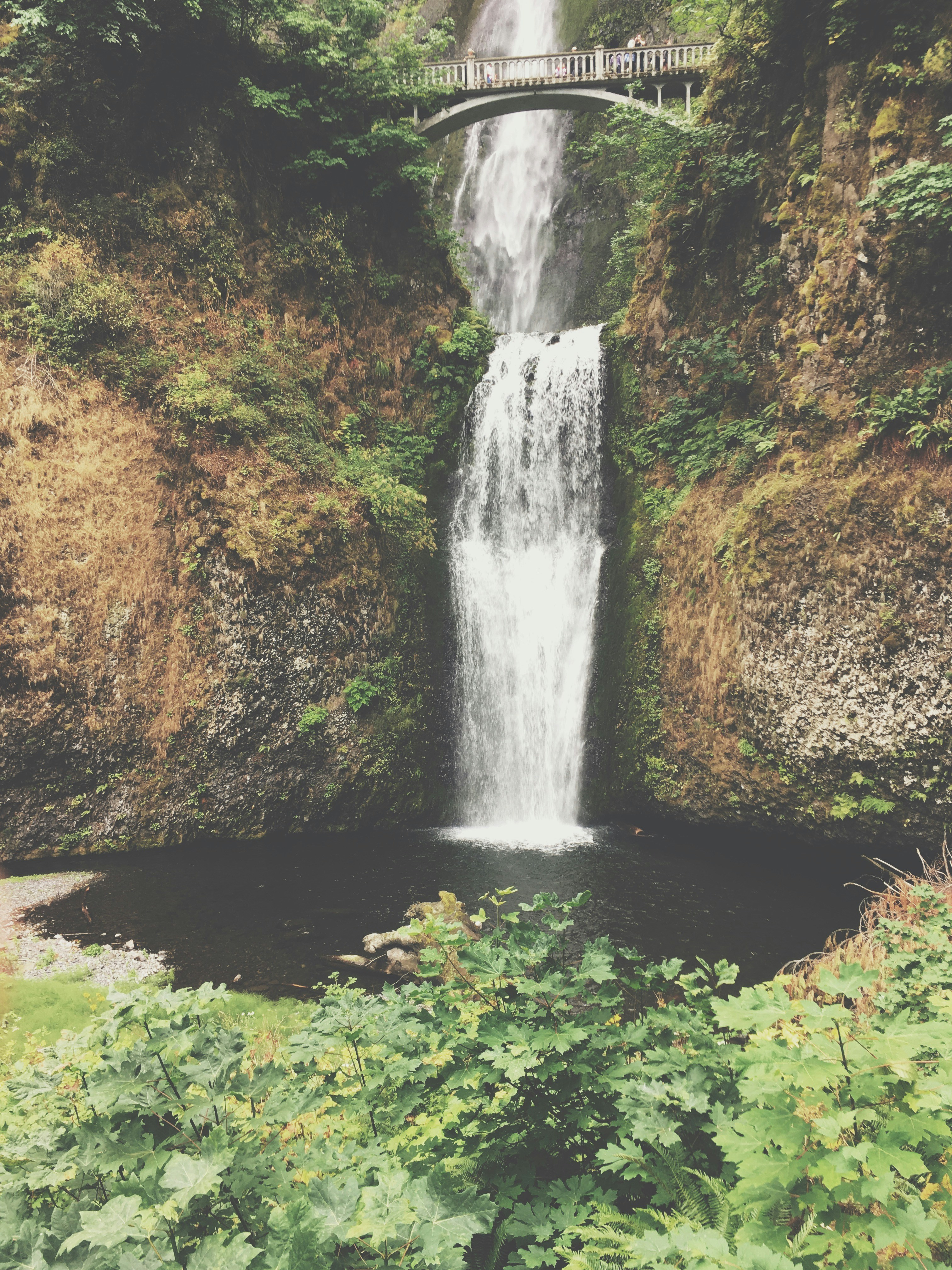 Majestic waterfall cascading into a serene pool, framed by lush greenery and rocky cliffs. The bridge above adds a touch of human presence to the tranquil scene.