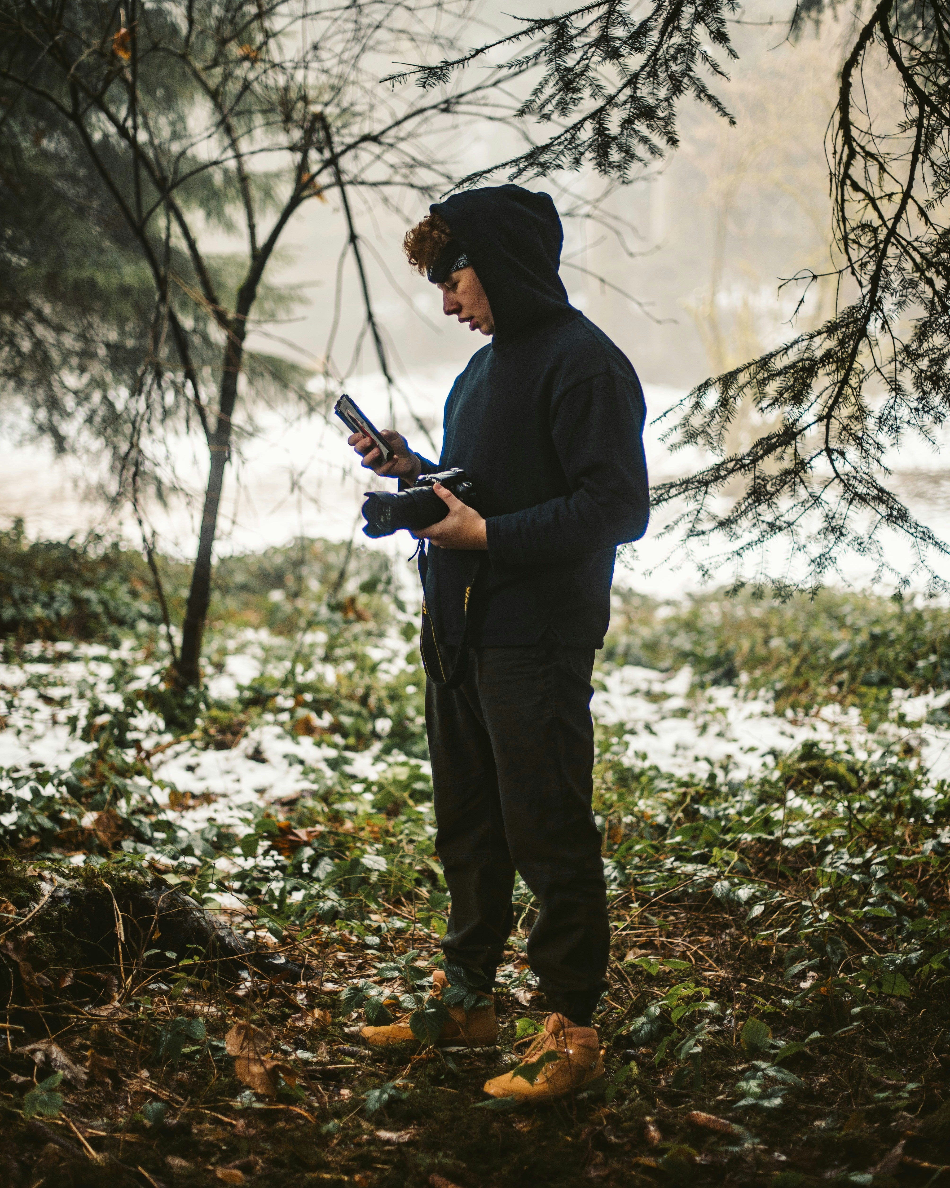 Photographer in the Forest looking at his Smartphone