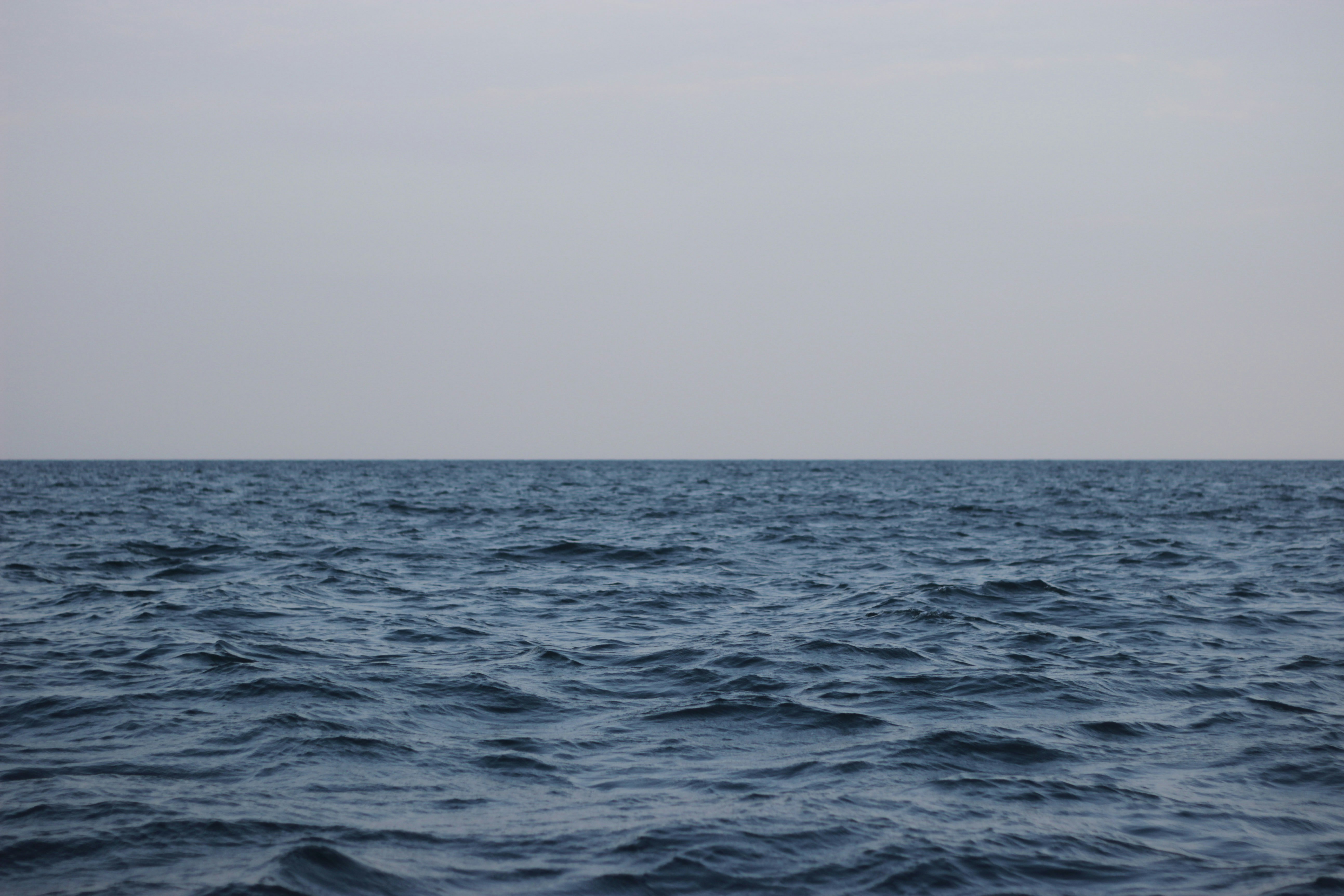 Vast expanse of calm ocean water meeting a subtle, overcast sky. The gentle waves create a serene atmosphere.