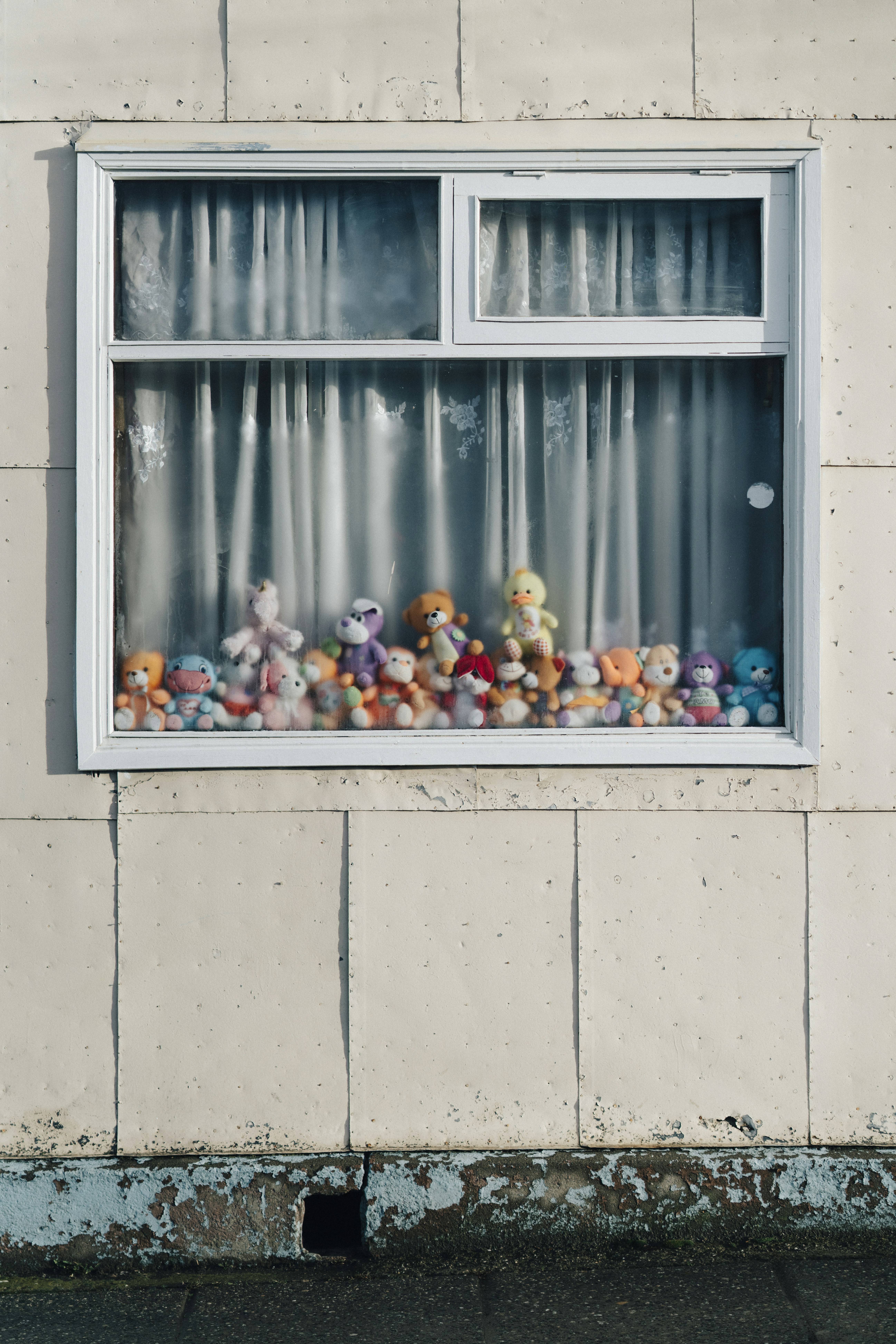 Colorful collection of plush toys arranged in a window, partially obscured by sheer curtains. The scene evokes a sense of nostalgia and warmth.